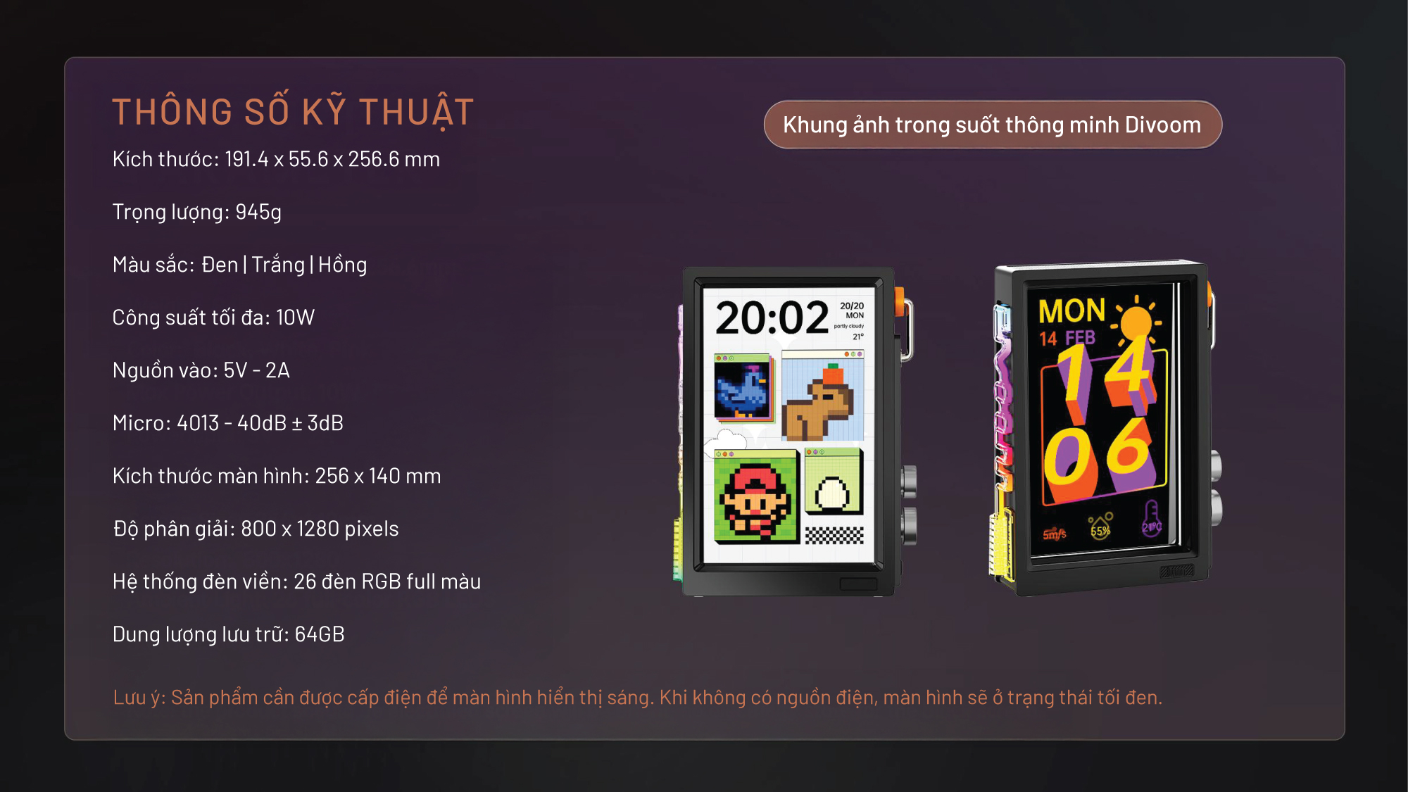 Khung ảnh kỹ thuật số Pixel Art DIVOOM Times Frame, phân giải HD ...