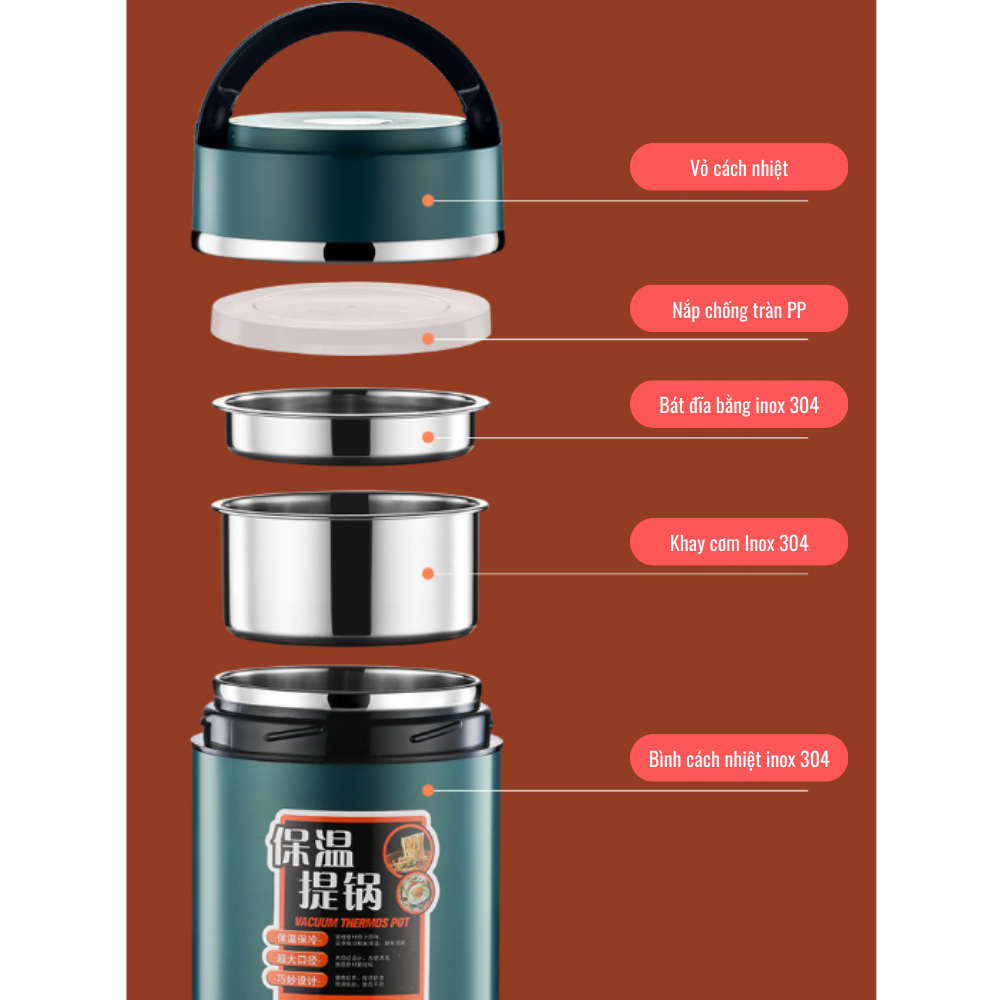 Hộp Cơm Giữ Nhiệt Cao Cấp COLORFUL PAN Inox 304, 6 Lớp Cách nhiệt, Giữ Nhiệt 12h, Dung Tích ...