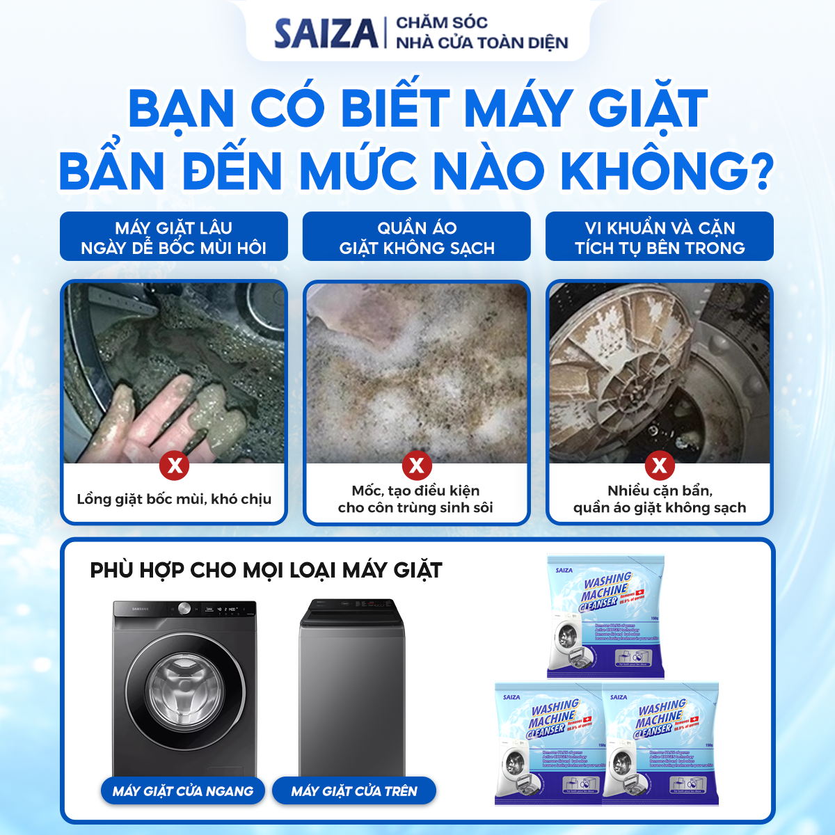 Bột vệ sinh lồng máy giặt SAIZA – Combo 2 gói, tẩy lồng giặt, diệt ...