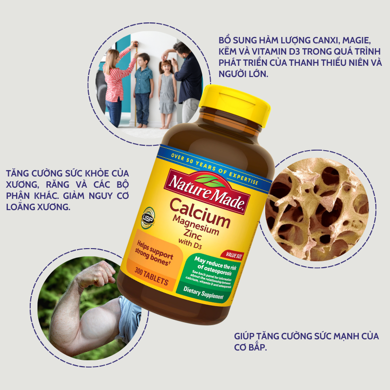Combo 2 hộp Canxi Nature Made Calcium Magnesium Zinc With Vitamin D3 giúp bổ sung canxi và phòng ...