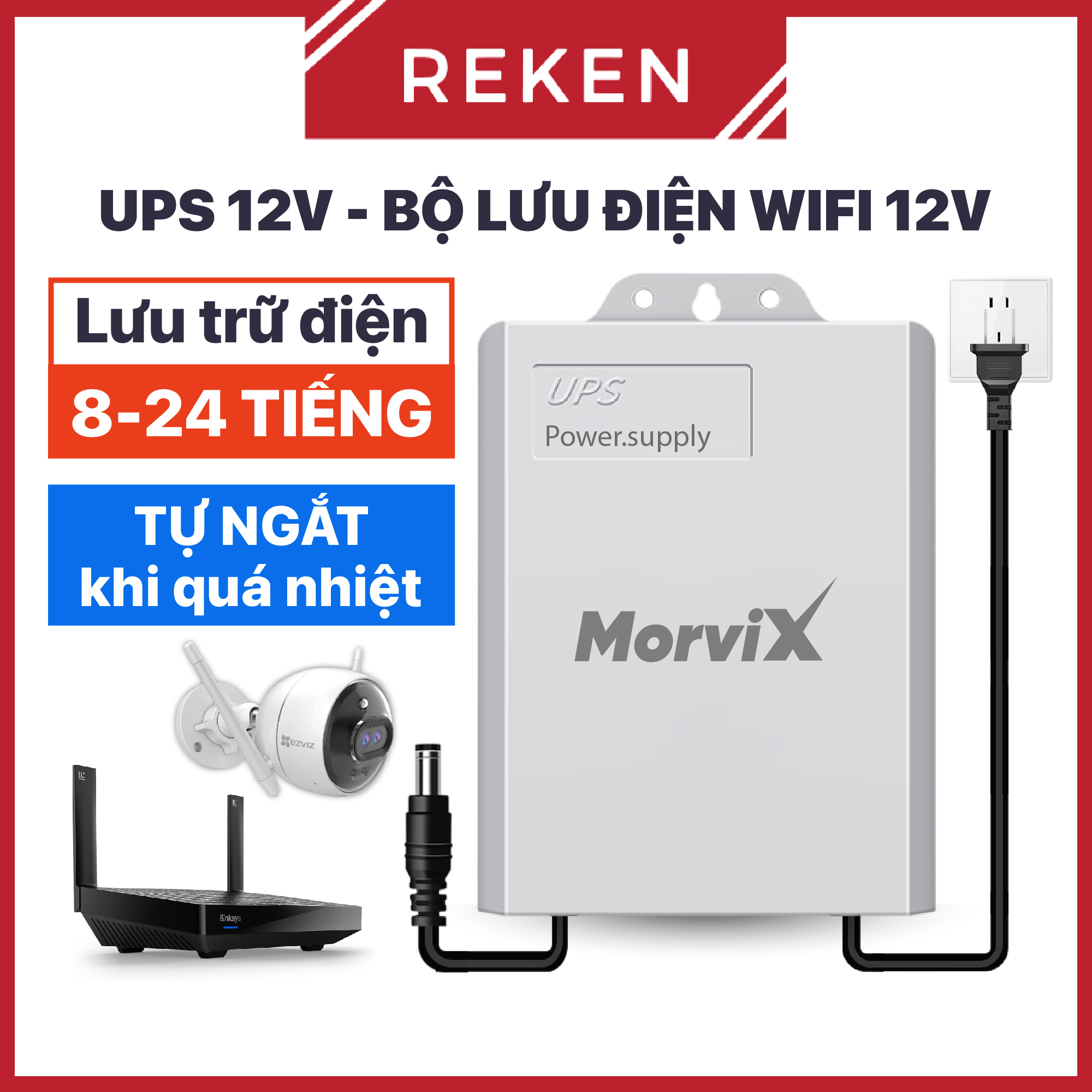 Bộ lưu điện 12V lưu điện wifi và camera ngoài trời MORVIX, ups wifi 12v trữ điện từ 8-12H ...