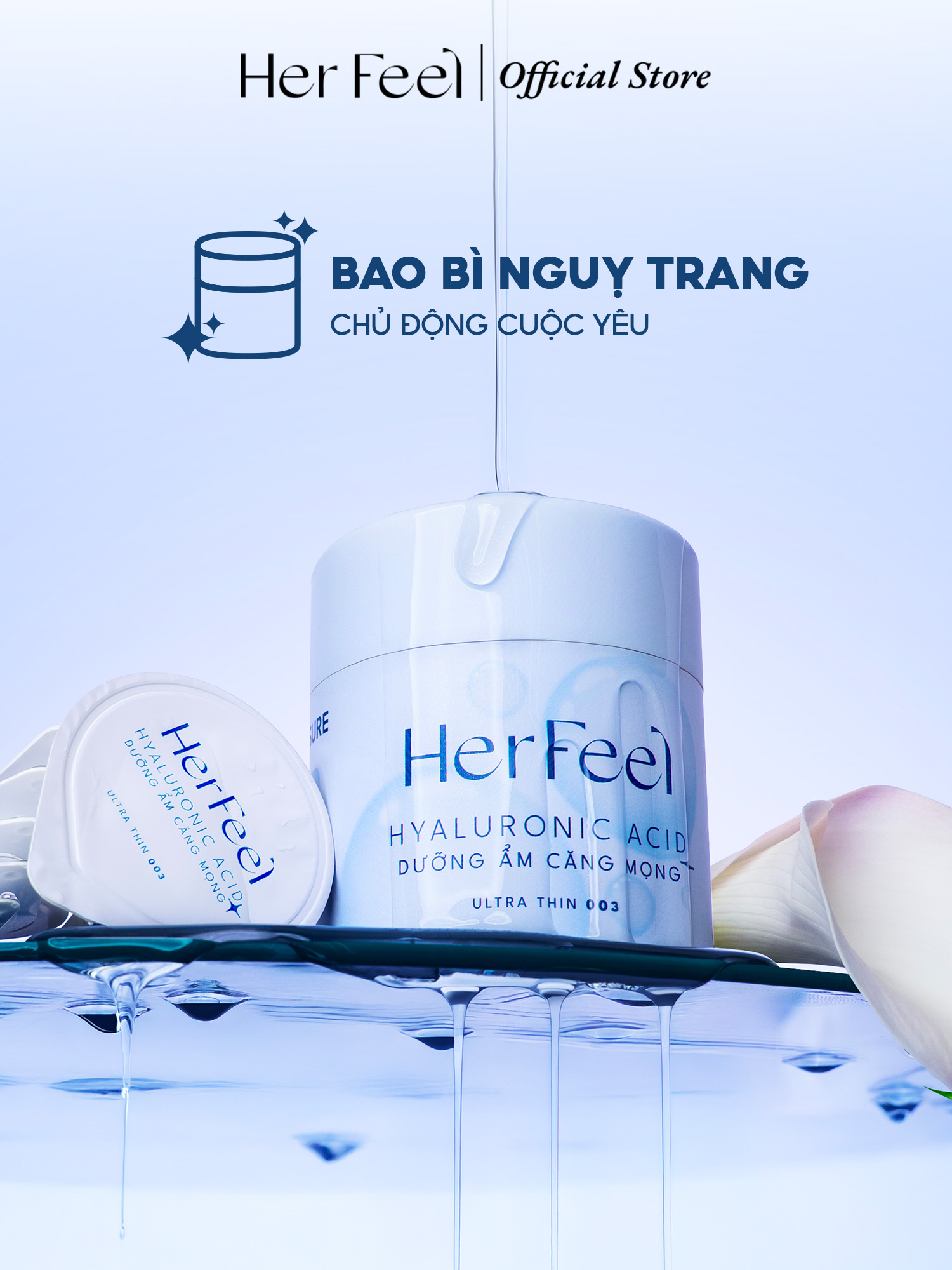 Bao cao su dưỡng ẩm Her Feel HA Hộp 3/10 Gấp đôi gel dưỡng ẩm cao cấp ...