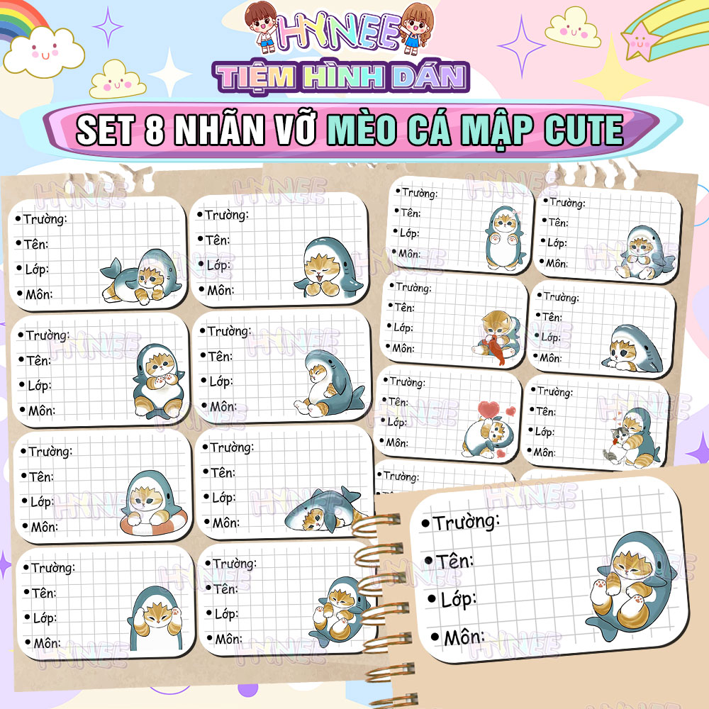 Nhãn Vở Cute Mèo Cá Mập - Nhãn Vở Meme Con Mèo Cá Mập Dễ thương, Nhãn ...