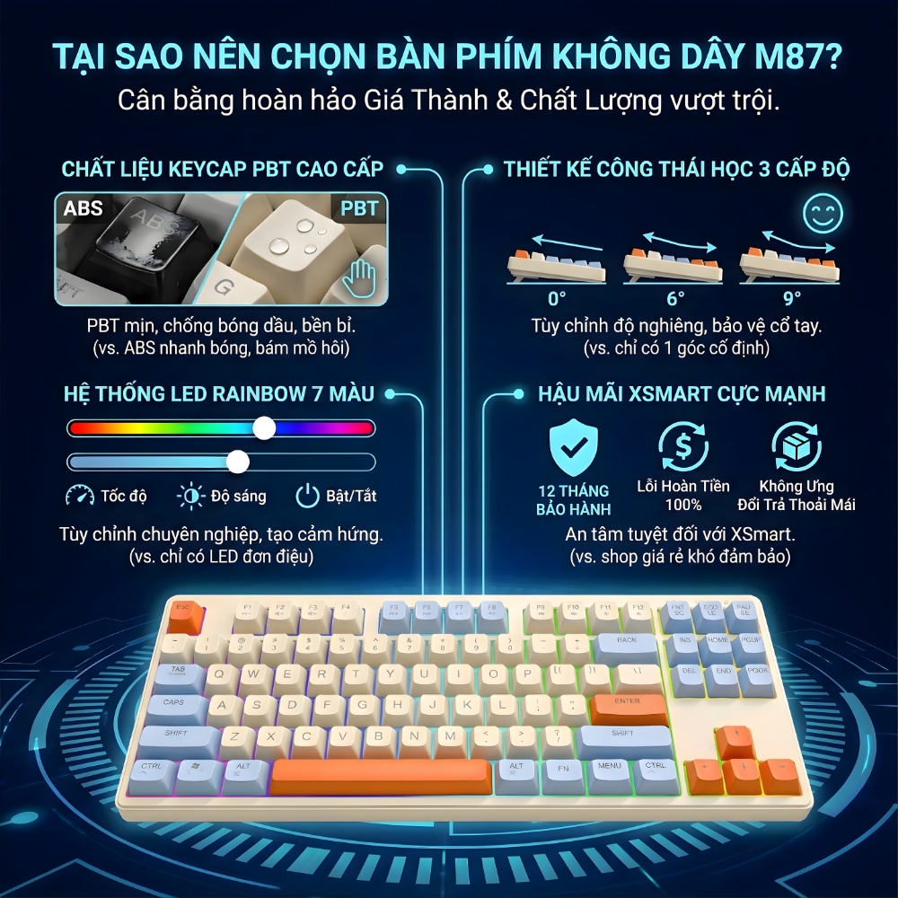 Bàn Phím Không Dây Bluetooth PIN Sạc FreeWolf M87 LED Pro Giả Cơ Gõ Êm ...