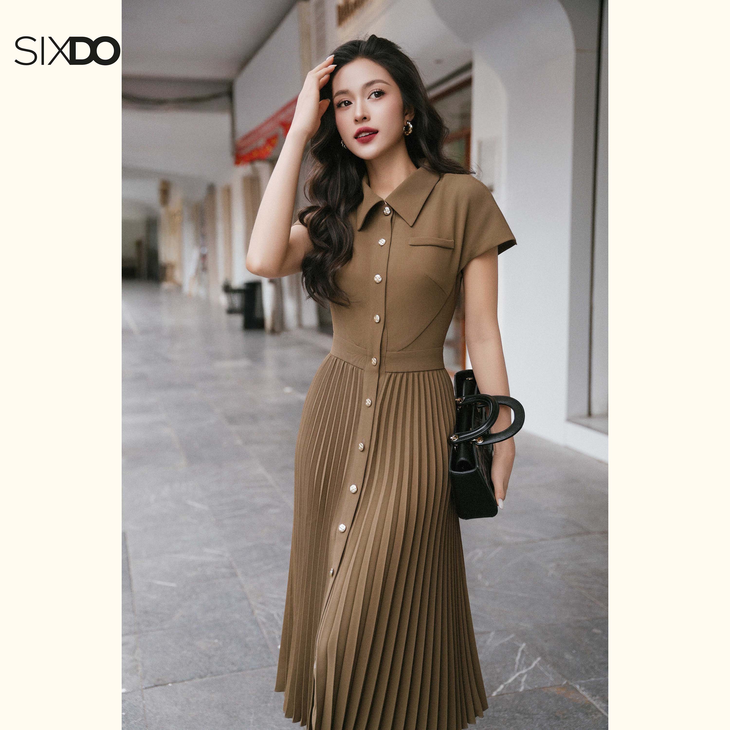 Đầm dáng xòe dài xếp ly cổ đức SIXDO (Teak Woven Flared Dress) | Shopee ...
