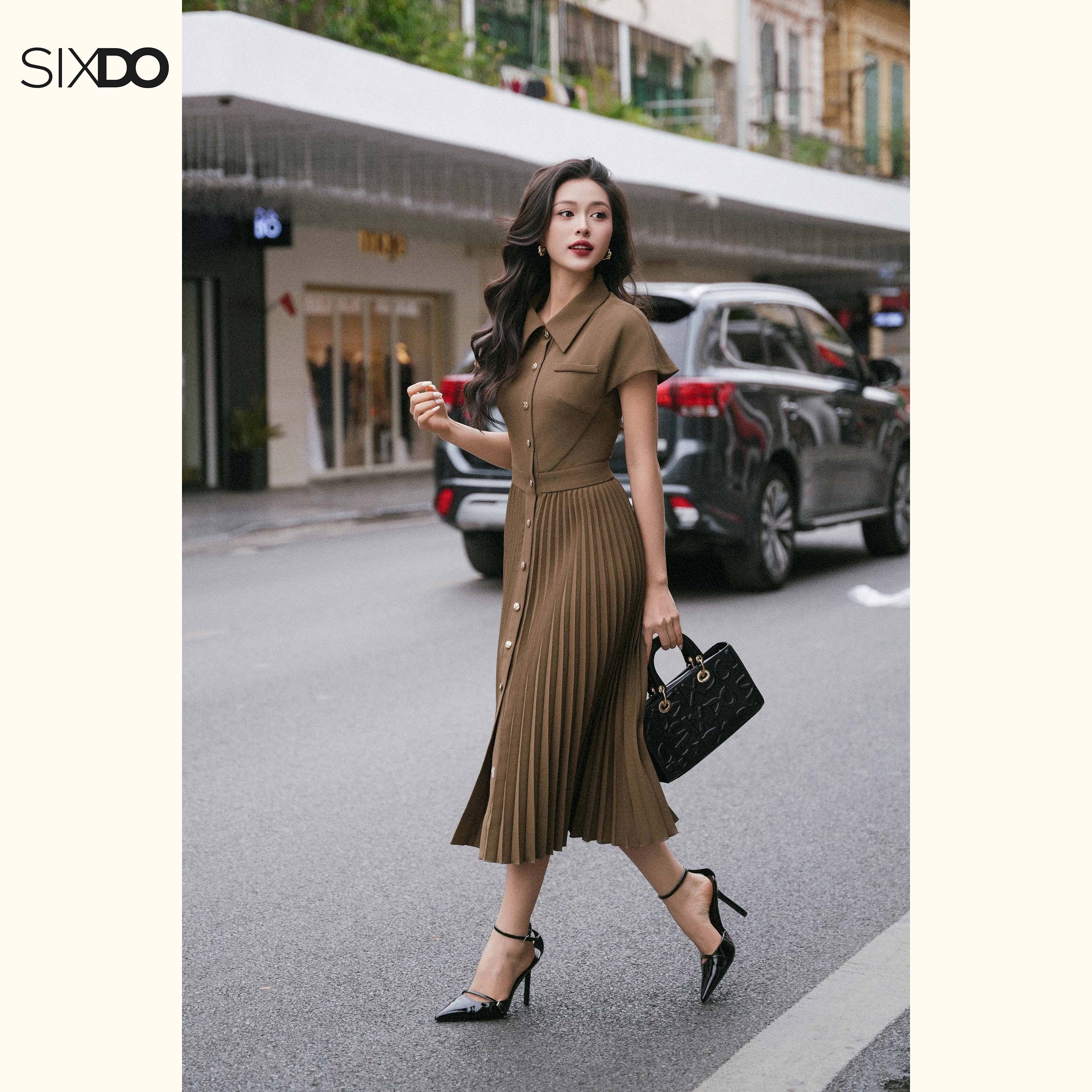 Đầm dáng xòe dài xếp ly cổ đức SIXDO (Teak Woven Flared Dress) | Shopee ...
