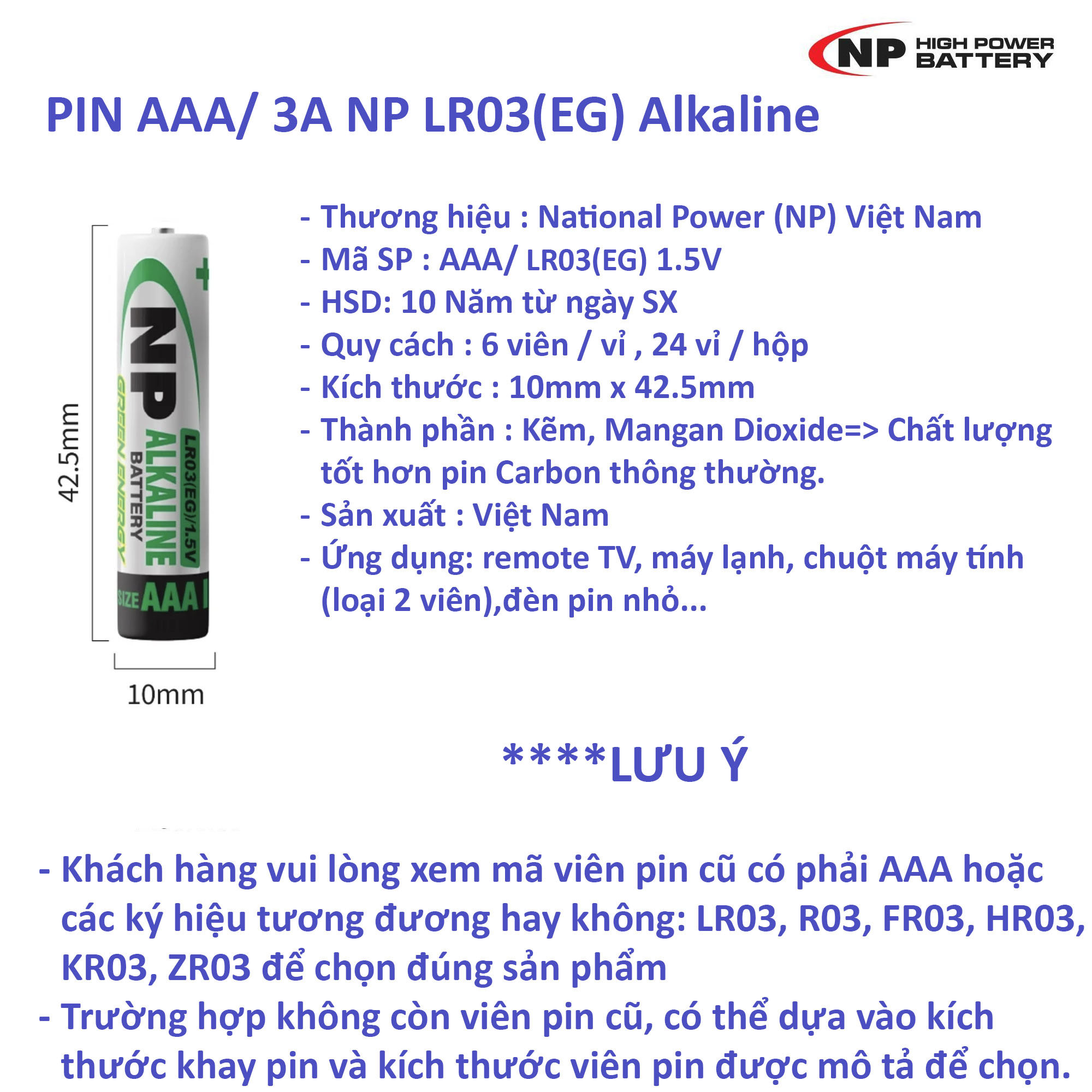 Pin tiểu nhỏ AAA (3A) Alkaline NP R03(EG)- NP Vỉ 4 Tặng 2 Viên 1.5V ...