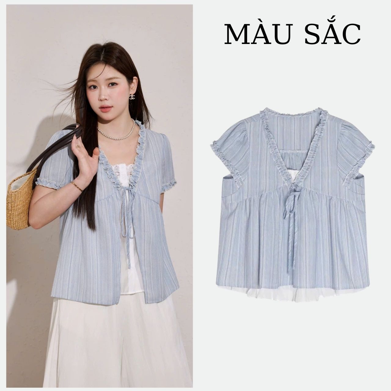 Áo Sơ Mi Babydoll Kẻ Sọc Phối Layer Viền Ren Thắt Nơ LANI, Labibi ...