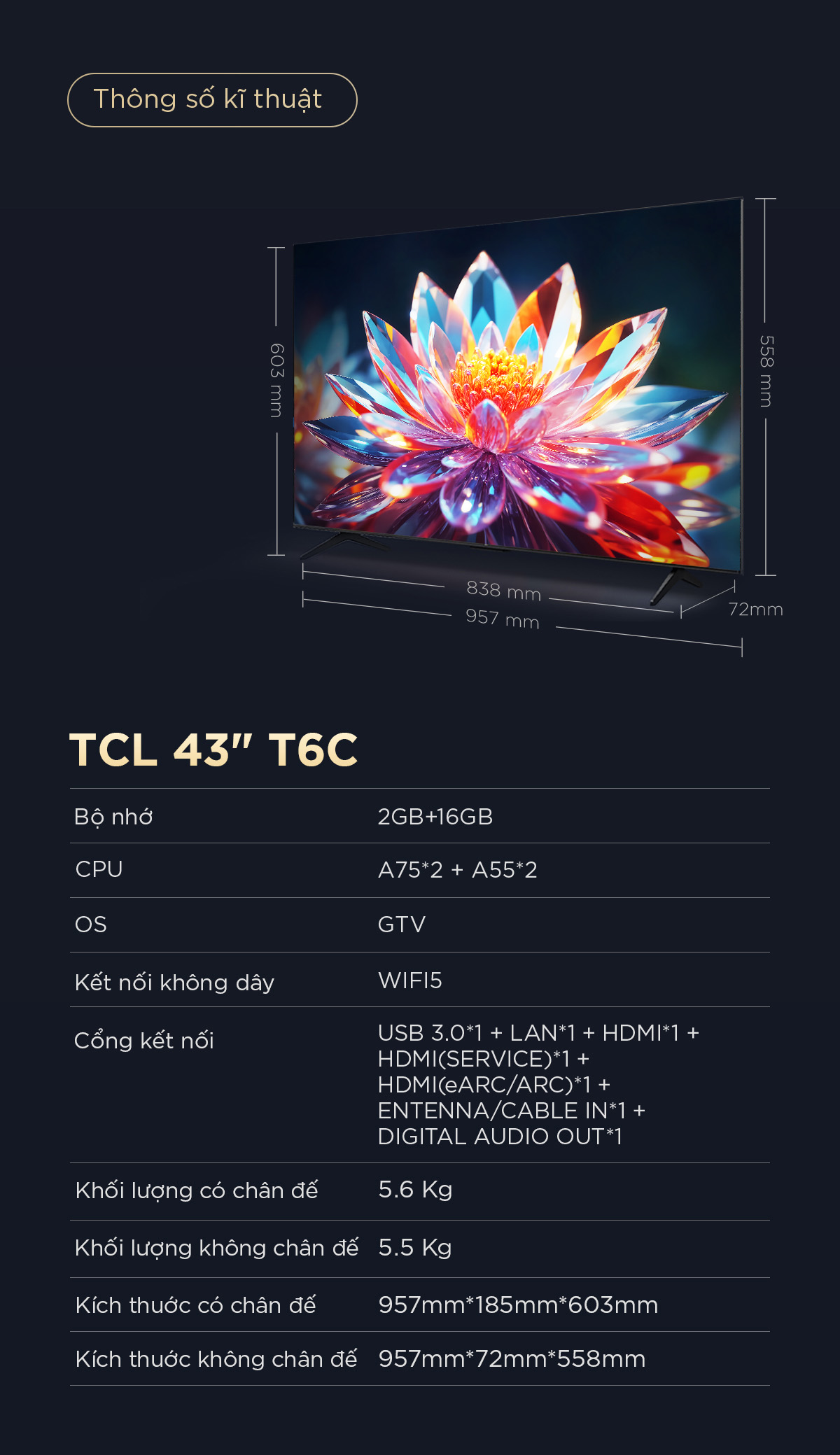 【QLED】43inch, 4K Google TV TCL 43T6C, HDR10+, Tần số quét 60Hz, Dolby ...