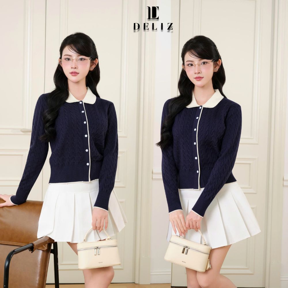 DELIZ - Áo cardigan len lông thỏ dệt kim xanh than tiểu thư basic màu ...
