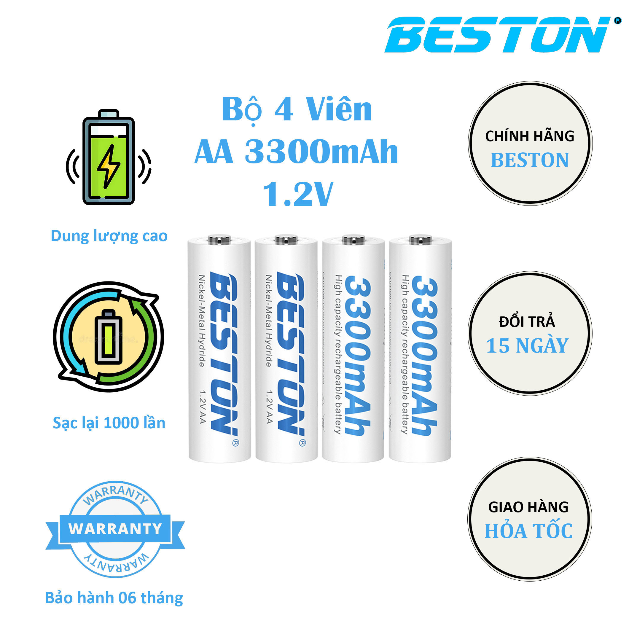 Bộ 4 Viên Pin sạc Beston AA 2A 1.2V dung lượng 3300mAh dùng cho karaoke,pin máy ảnh, pin đồ chơi ...