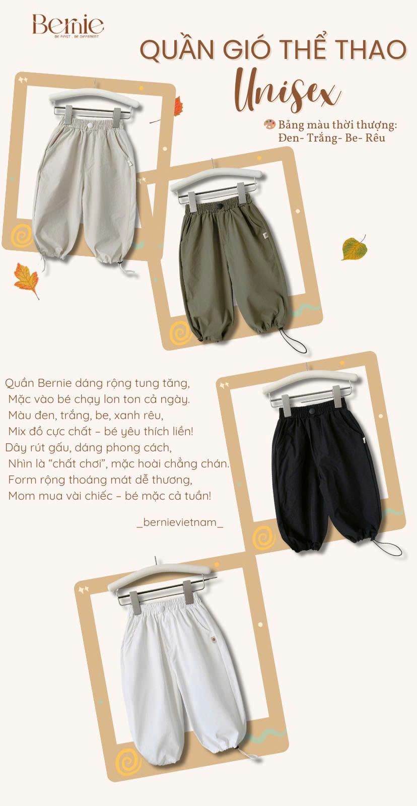 Quần dài dáng bomber thể thao chất gió mềm unisex cho bé trai bé gái size 9 tới 28kg BERNIE ...