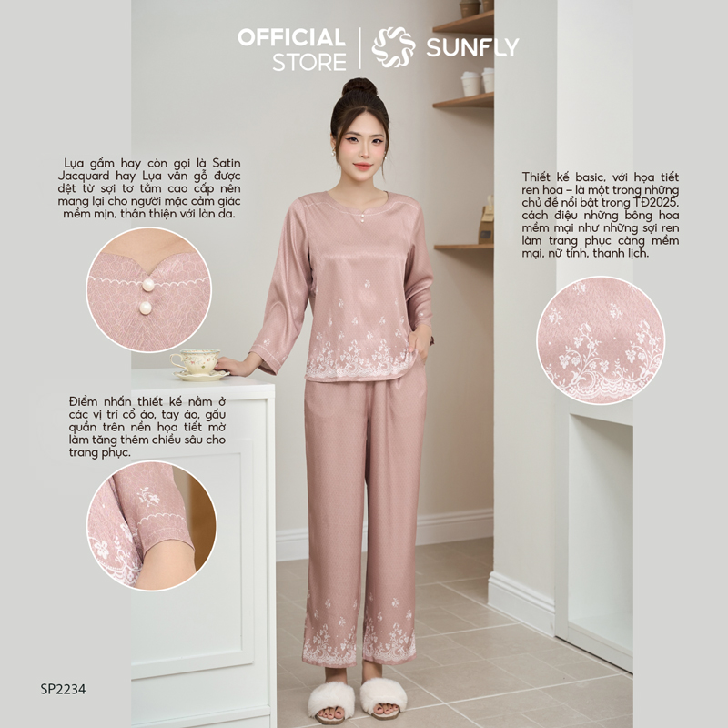 Đồ bộ mặc nhà nữ lụa satin jacquard áo tay lỡ quần dài, bộ trung niên cho mẹ thoải mái SUNFLY ...