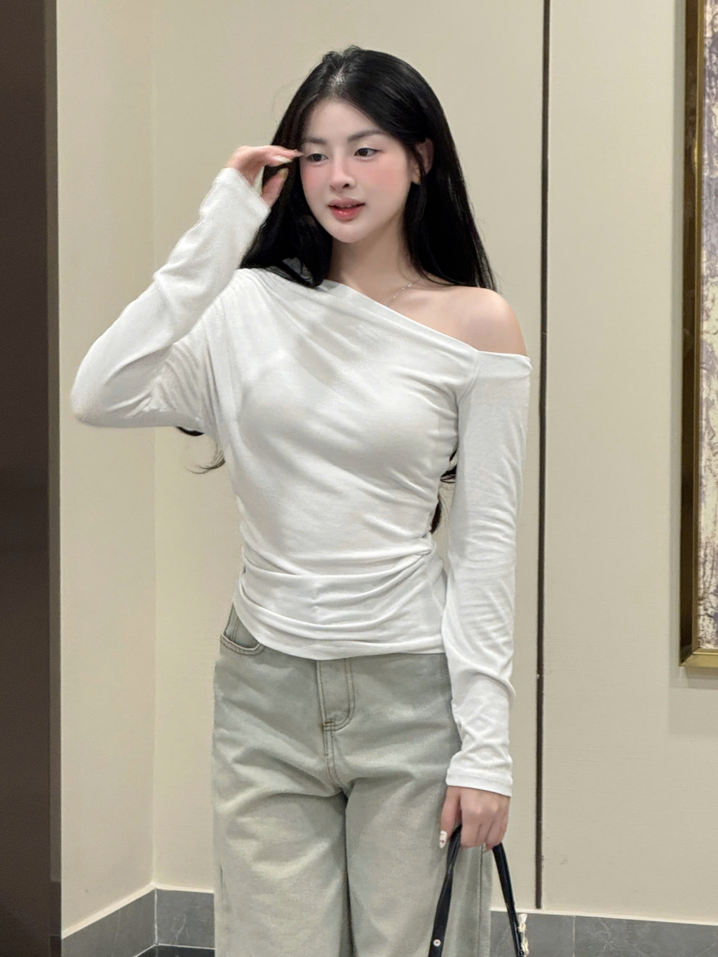 Áo Thun Trễ Vai Nữ Tay Dài Kiểu Nữ Lệch Vai Dáng Ôm Body Mùa Thu Đông ...