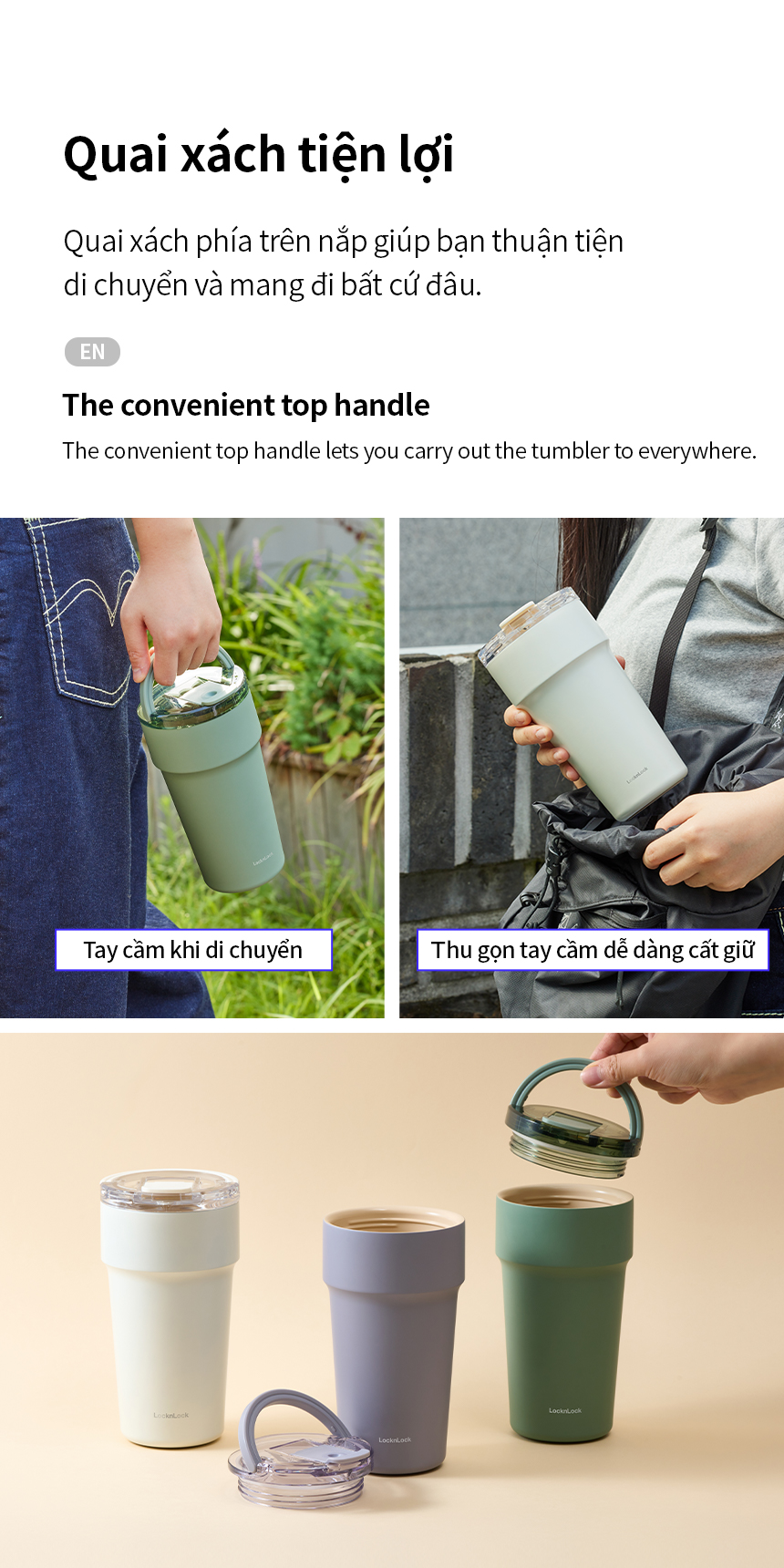 Bình giữ nhiệt LocknLock Metro cafe top handle phủ sứ LHC4416 710ml / LHC4419 900ml có quai xách ...