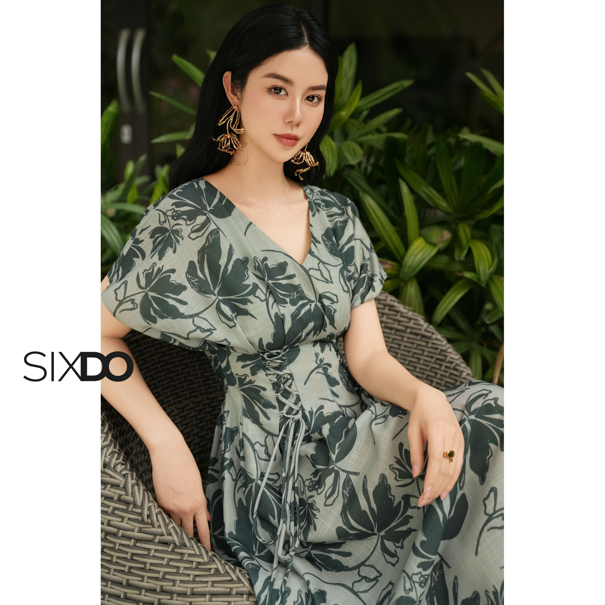 Đầm hoa xanh chiết eo SIXDO (Green Floral Linen Flared Dress) | Shopee ...