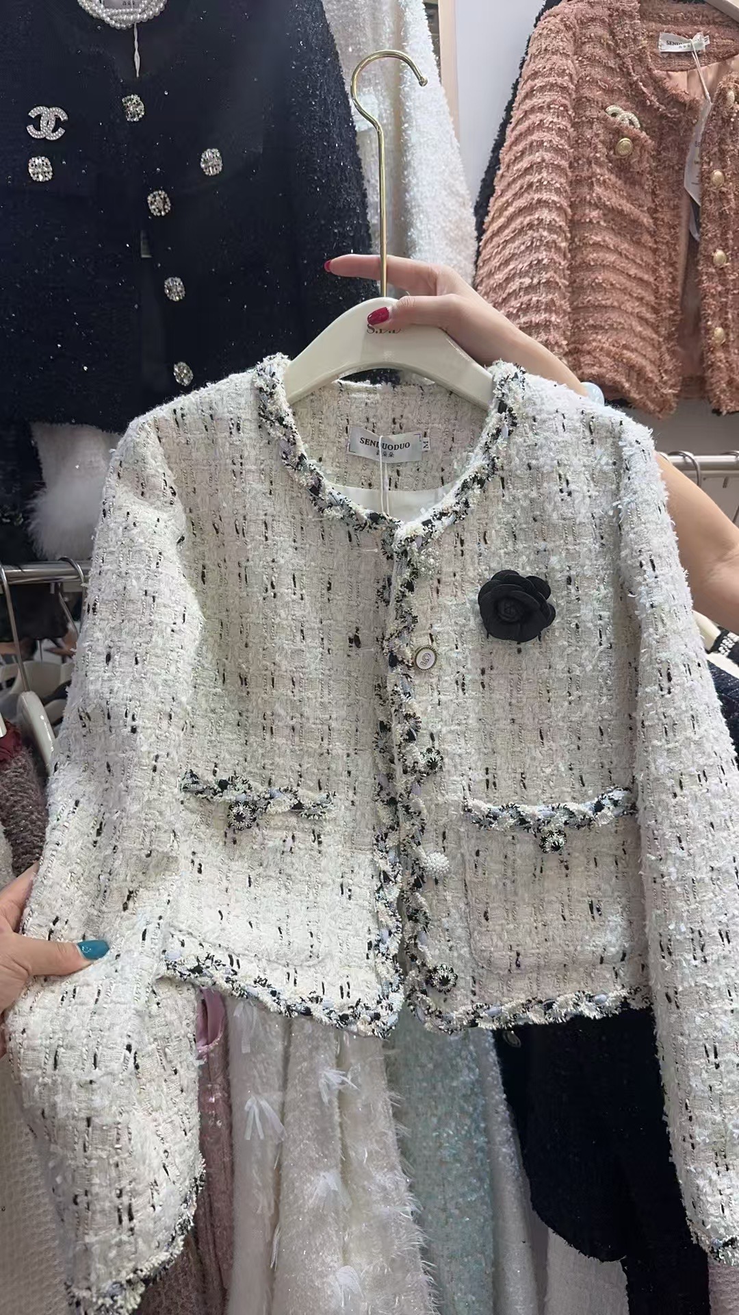 Áo khoác dạ tweed nữ dáng ngắn đính hoa trà SDD Quảng Châu cao cấp ...