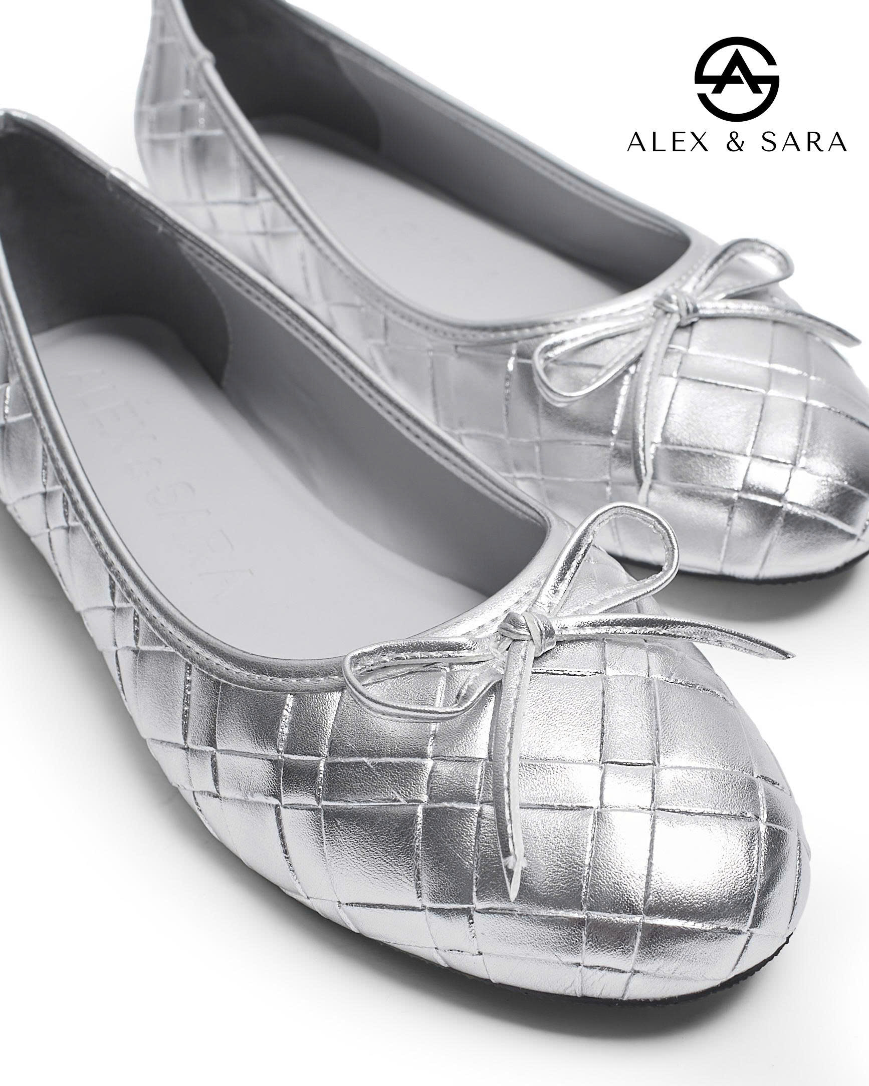 LT127 - Giày búp bê nữ Alex & Sara đế bệt mũi tròn da dập vân caro kèm ...