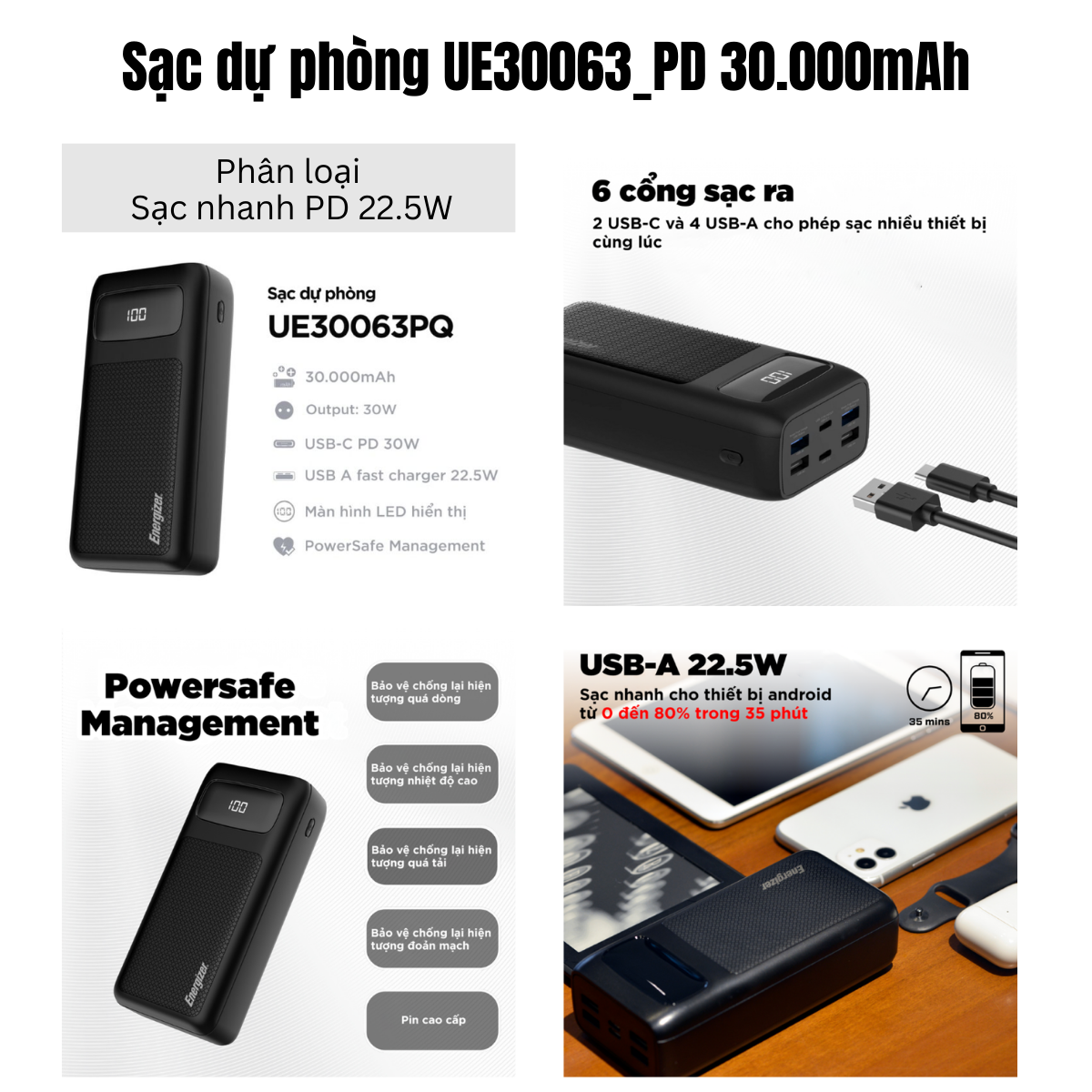 Pin Sạc Dự Phòng Cao Cấp Energizer 30000mAh/ Max 45W Sạc Nhanh PD, 7 ...