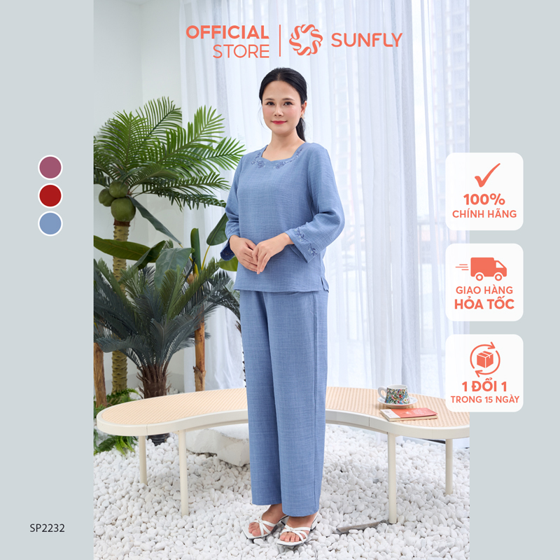 Đồ bộ mặc nhà nữ đũi vân mây áo tay lỡ quần dài, bộ mặc nhà trung niên ...