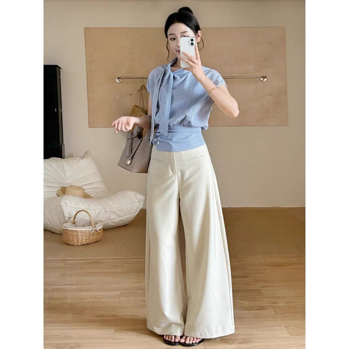 [ Bigsize 55-100kg] Áo sơ mi Caro Belle ngắn tay, thiết kế cổ nơ thanh ...
