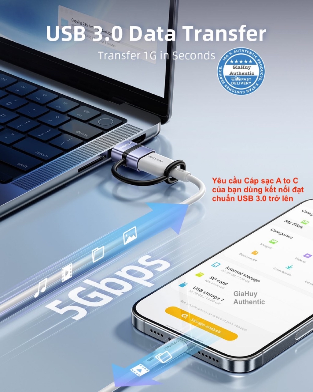 Cổng chuyển đổi OTG INNOSTYLE ST-510GY FlexiLink C to A chuẩn USB 3.0 5Gbps, dây Silicone mềm ...