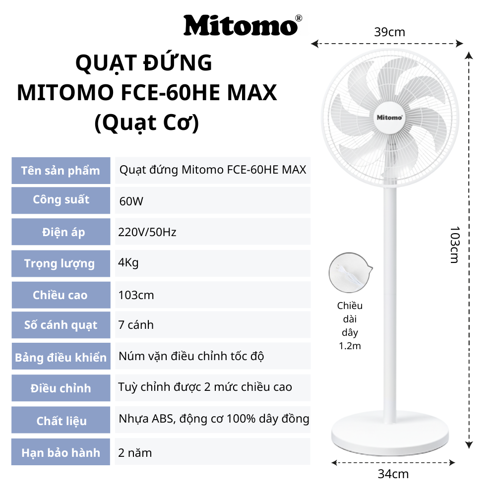 Quạt Cây Đứng Mitomo FCE- 60AE có điều khiển từ xa, hẹn giờ - Bảo hành ...