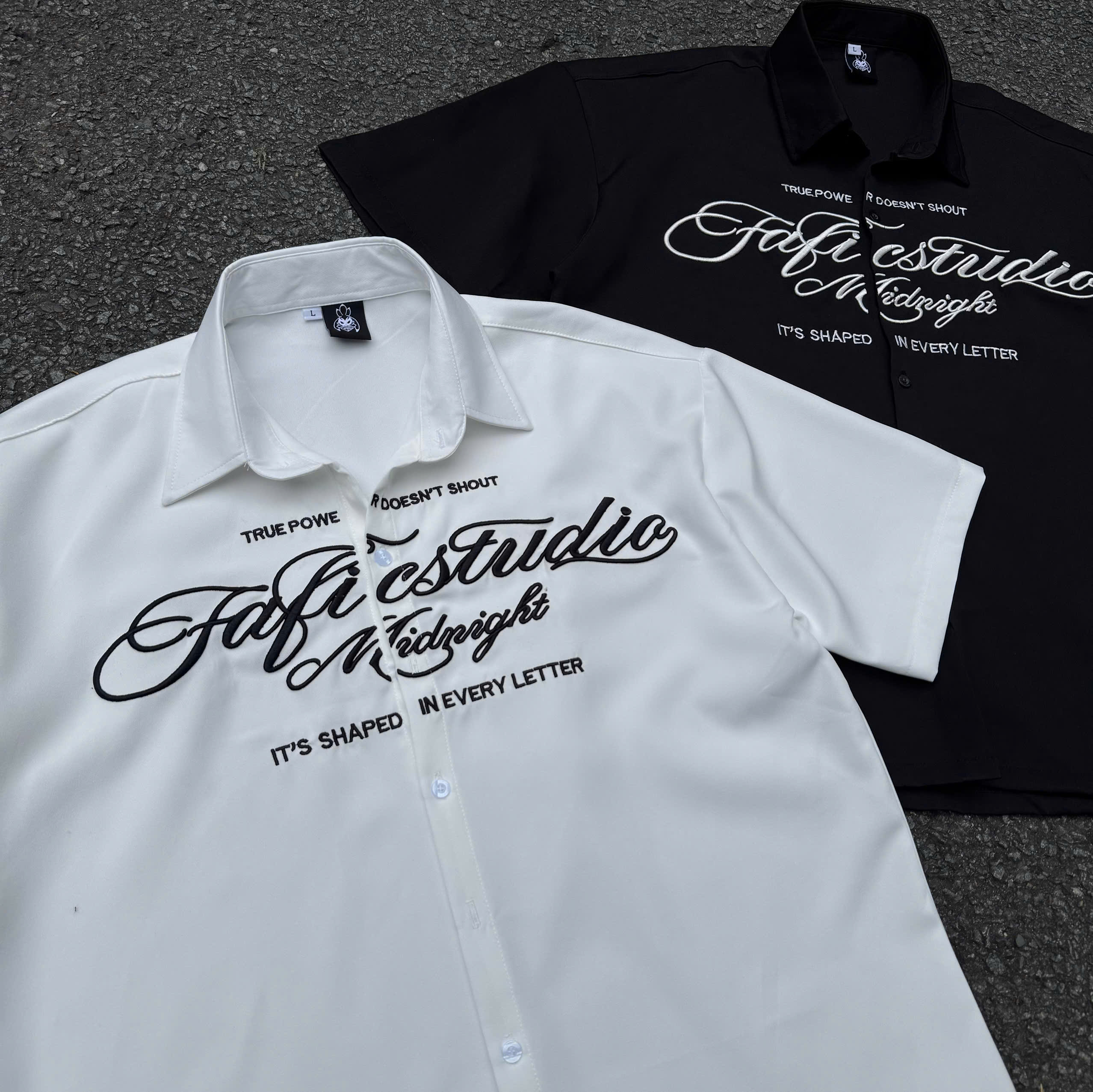 Áo Sơ mi BOXY FAFIC STUDIO MIDNIGHT chữ thêu Fafic tay ngắn shirt form ...