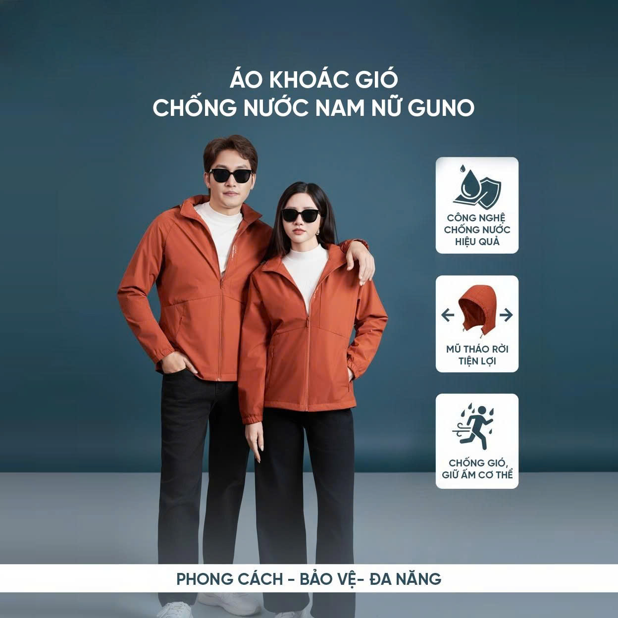 Áo gió nam nữ GUNO trơn 2 lớp lót nỉ có mũ tháo rời chống nước, chống ...