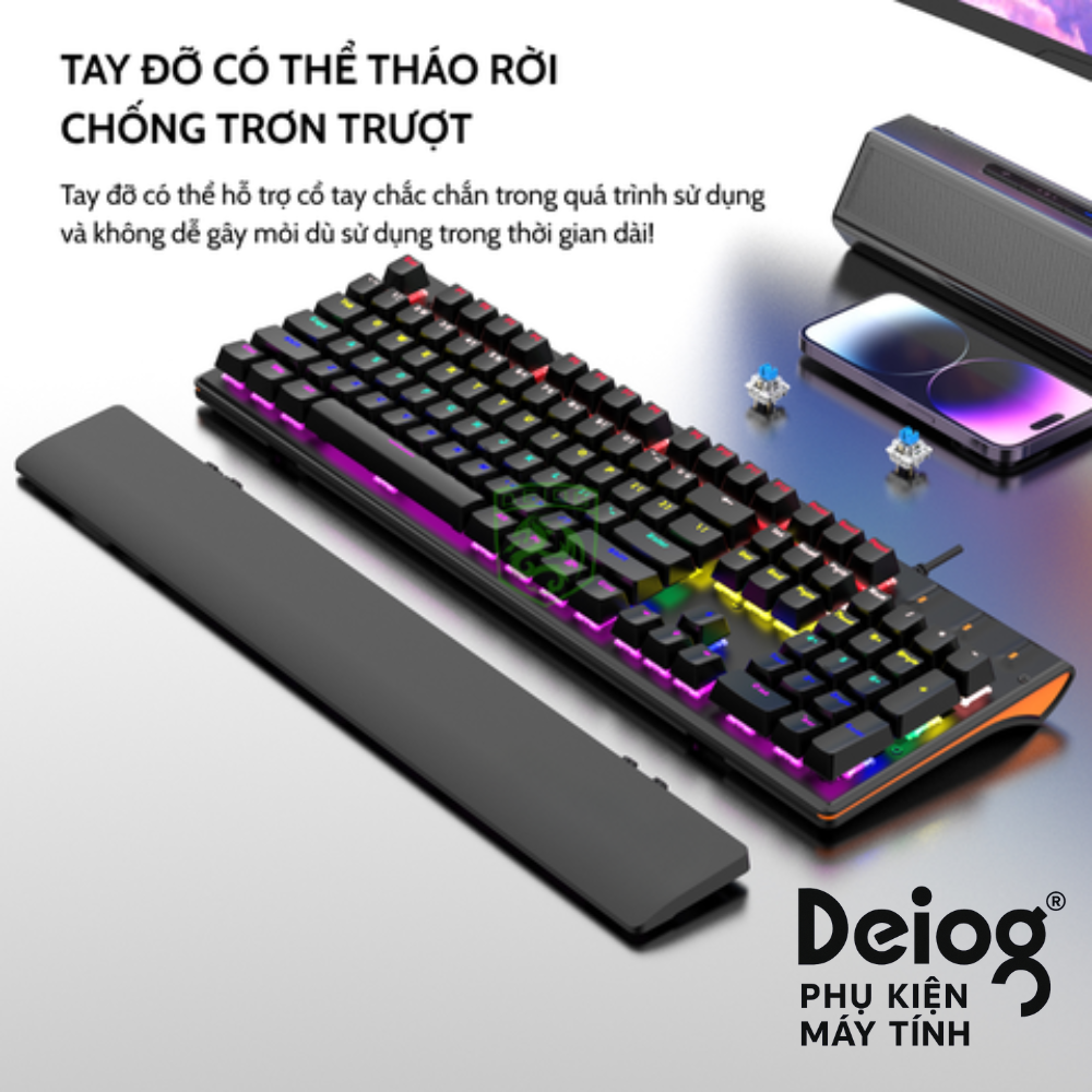 Bàn phím cơ led có dây gaming DEIOG M105, thiết kế kèm giá kê tay tháo ...
