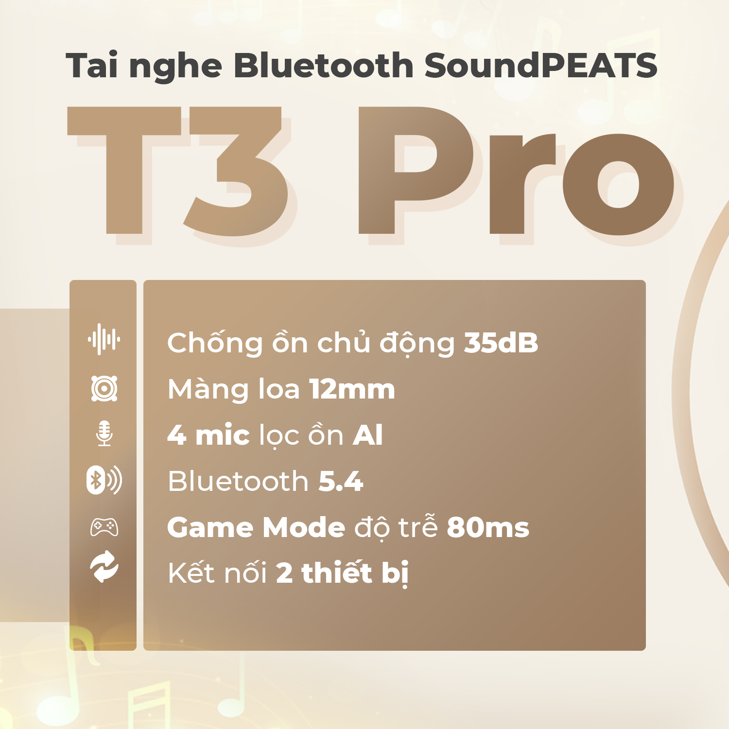 Tai nghe True Wireless SoundPEATS T3 Pro ANC Spatial Audio Bluetooth 5. ...