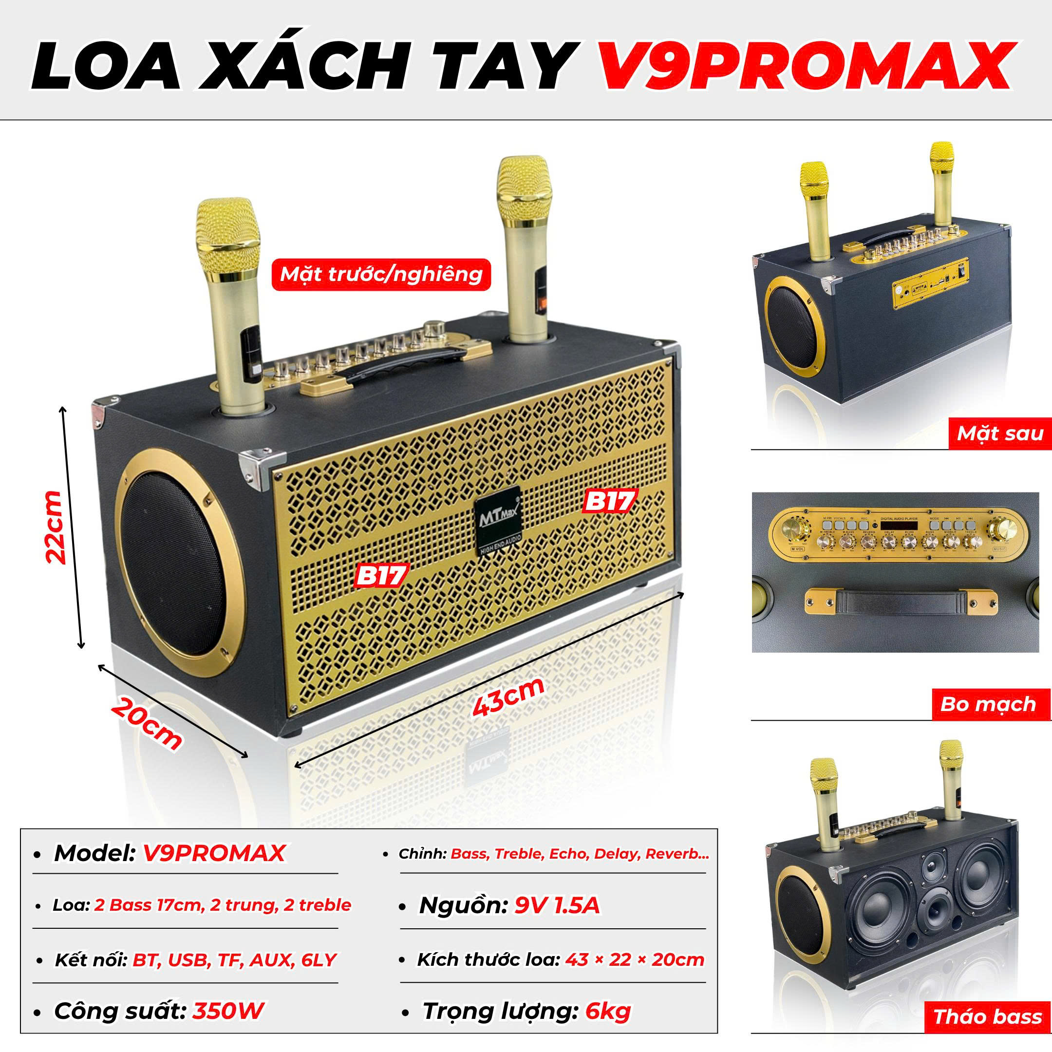 Loa xách tay 6 đường tiếng V9 Promax bass đôi 17cm bo mạch 10 nút chỉnh ...