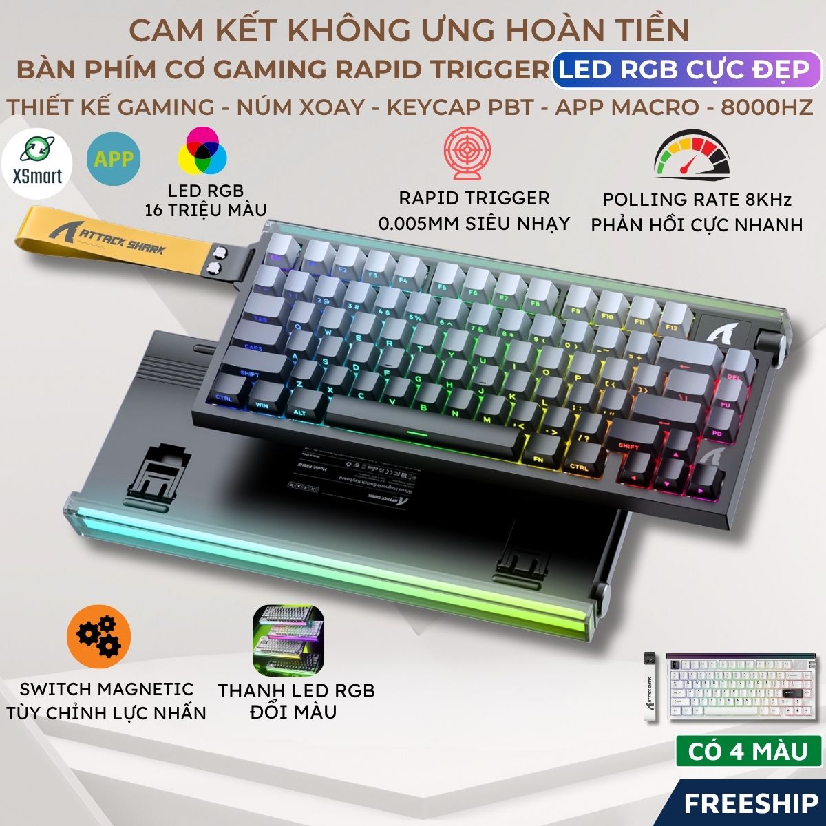 Bàn Phím Gaming Attack Shark R85 HE Switch Từ Tính, Rapid Trigger 0.005mm, 8KHz, LED RGB Neon ...