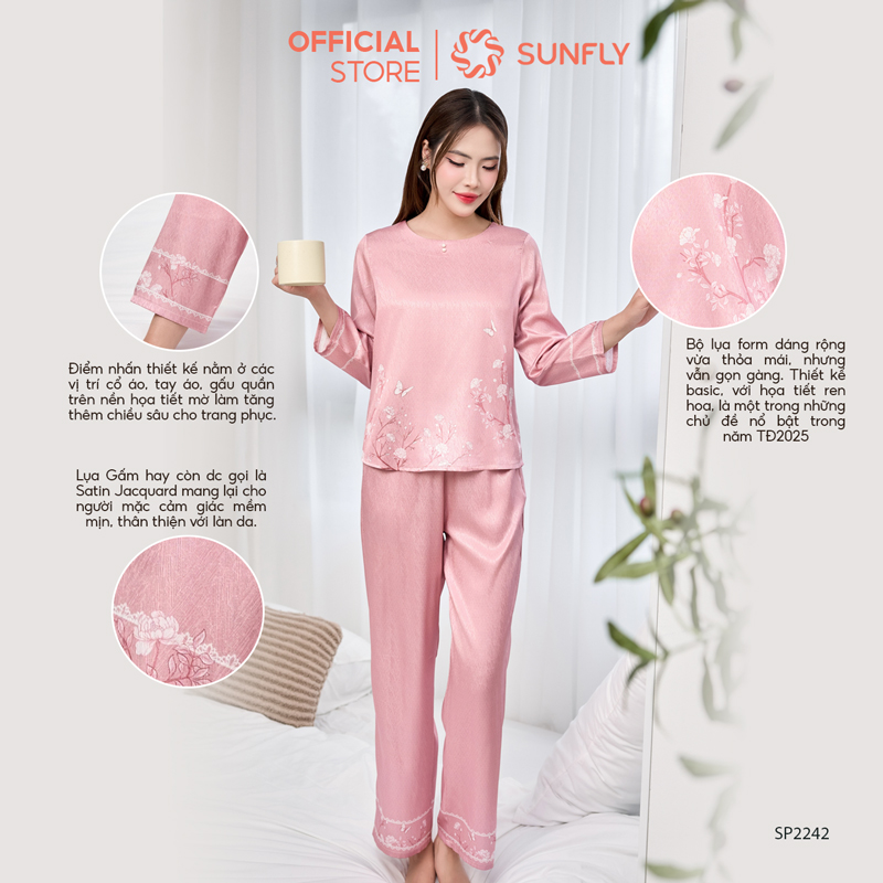 Đồ bộ mặc nhà nữ lụa satin jacquard áo tay lỡ quần dài, bộ cho mẹ trung niên sang trọng, thoải ...