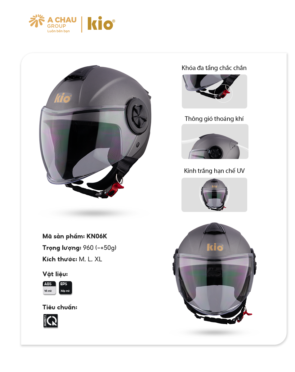Mũ Bảo Hiểm 3/4 Màu Xám Xi Măng Kio KN06K Á Châu Group, Bảo Hành 12 Tháng | Shopee Việt Nam