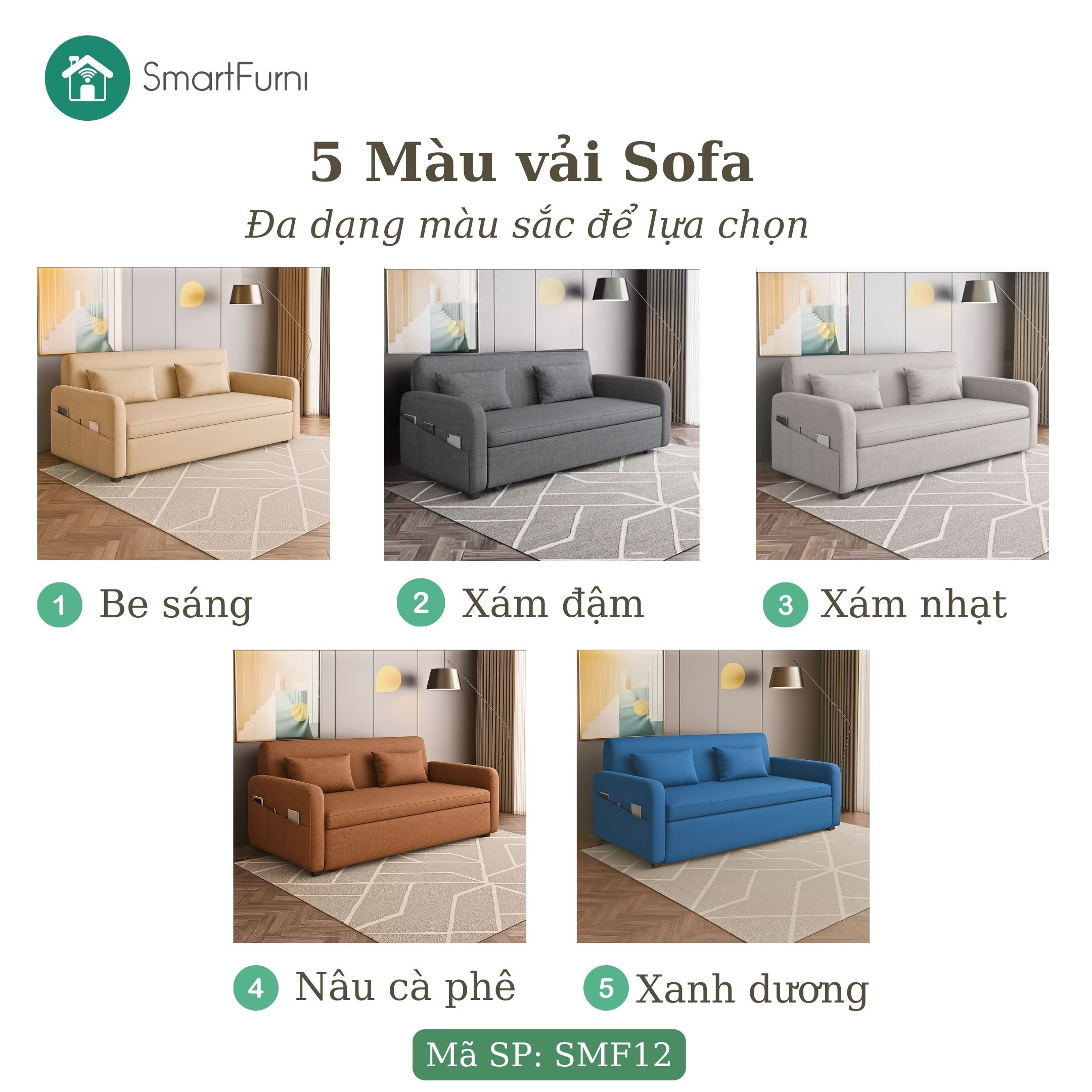 Sofa giường gấp gọn thông minh SmartFurni SMF12 - Vải canvas Màu Nâu, khung thép mạ kẽm chịu lực ...