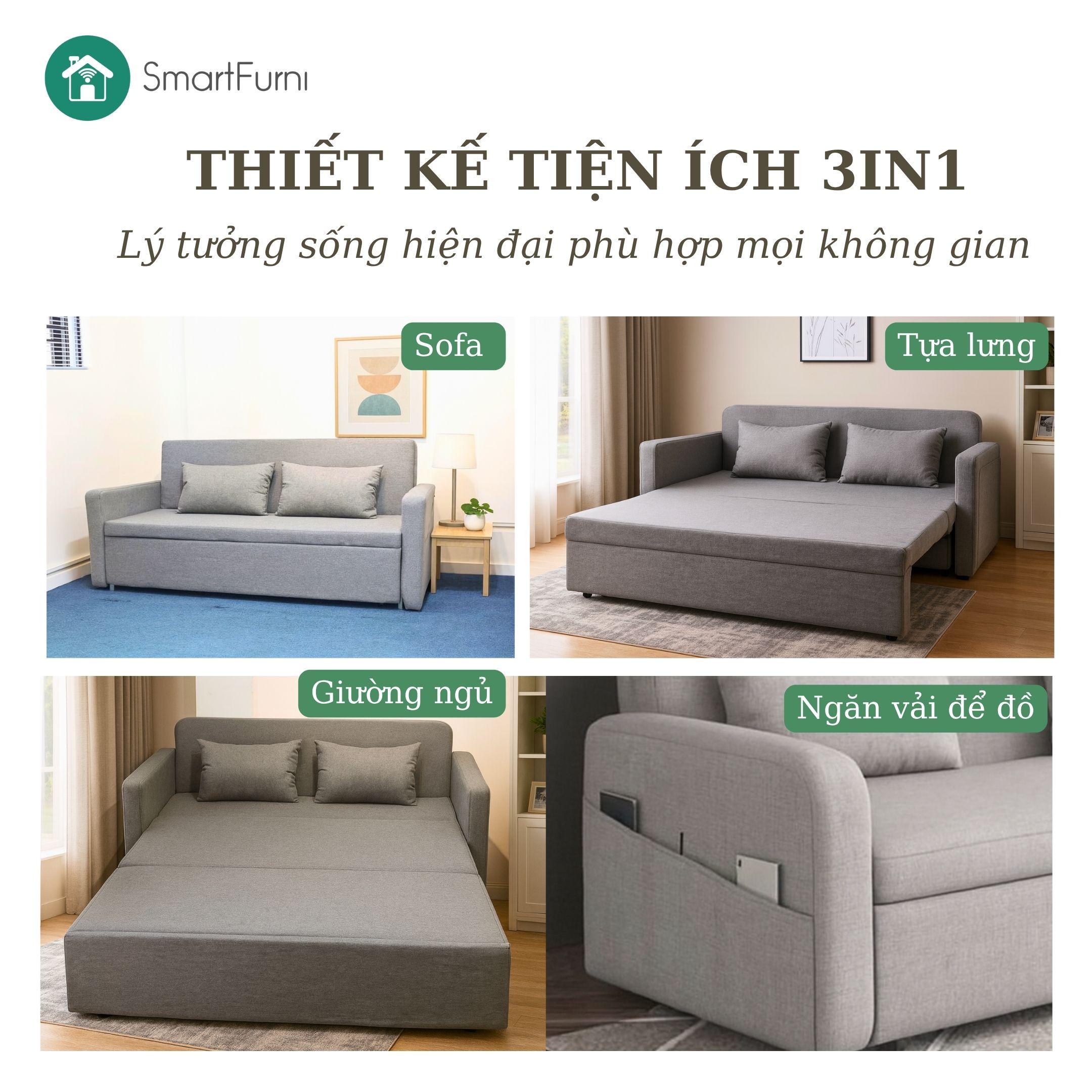 Sofa giường gấp gọn thông minh SmartFurni SMF12 - Vải canvas Màu Nâu, khung thép mạ kẽm chịu lực ...