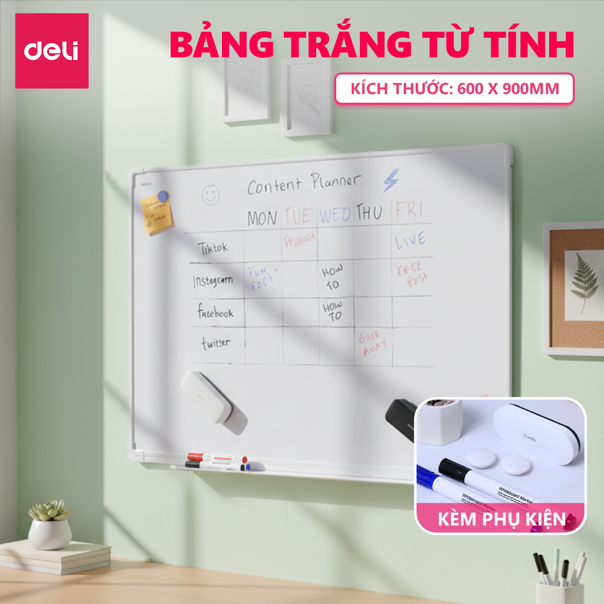 [TẶNG KÈM PHỤ KIỆN] Bảng Từ Trắng BANTEX x DELI Treo Viết Bút Lông Deli ...