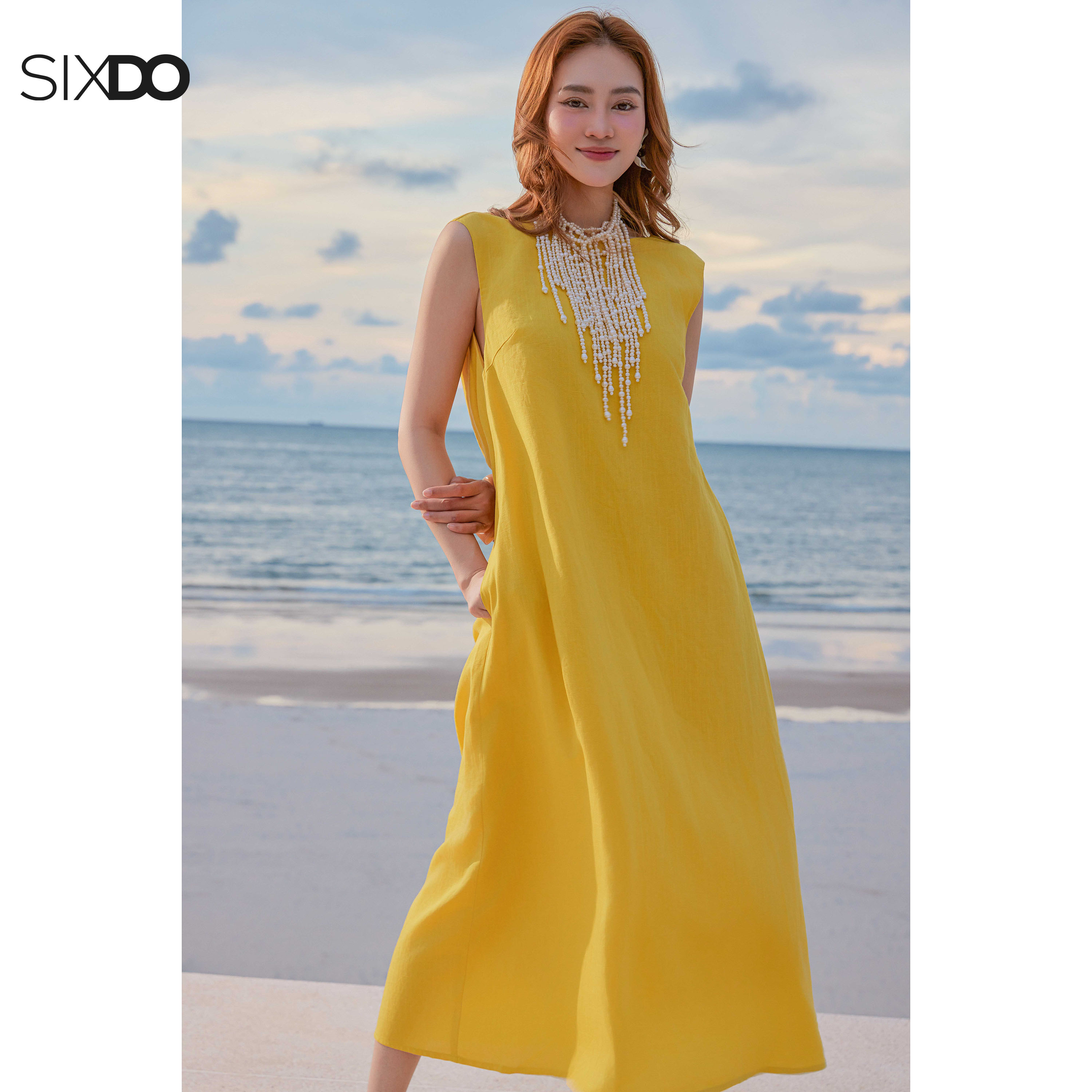 Đầm suông sát nách vàng xoắn lưng SIXDO (Yellow Linen Loose Dress ...