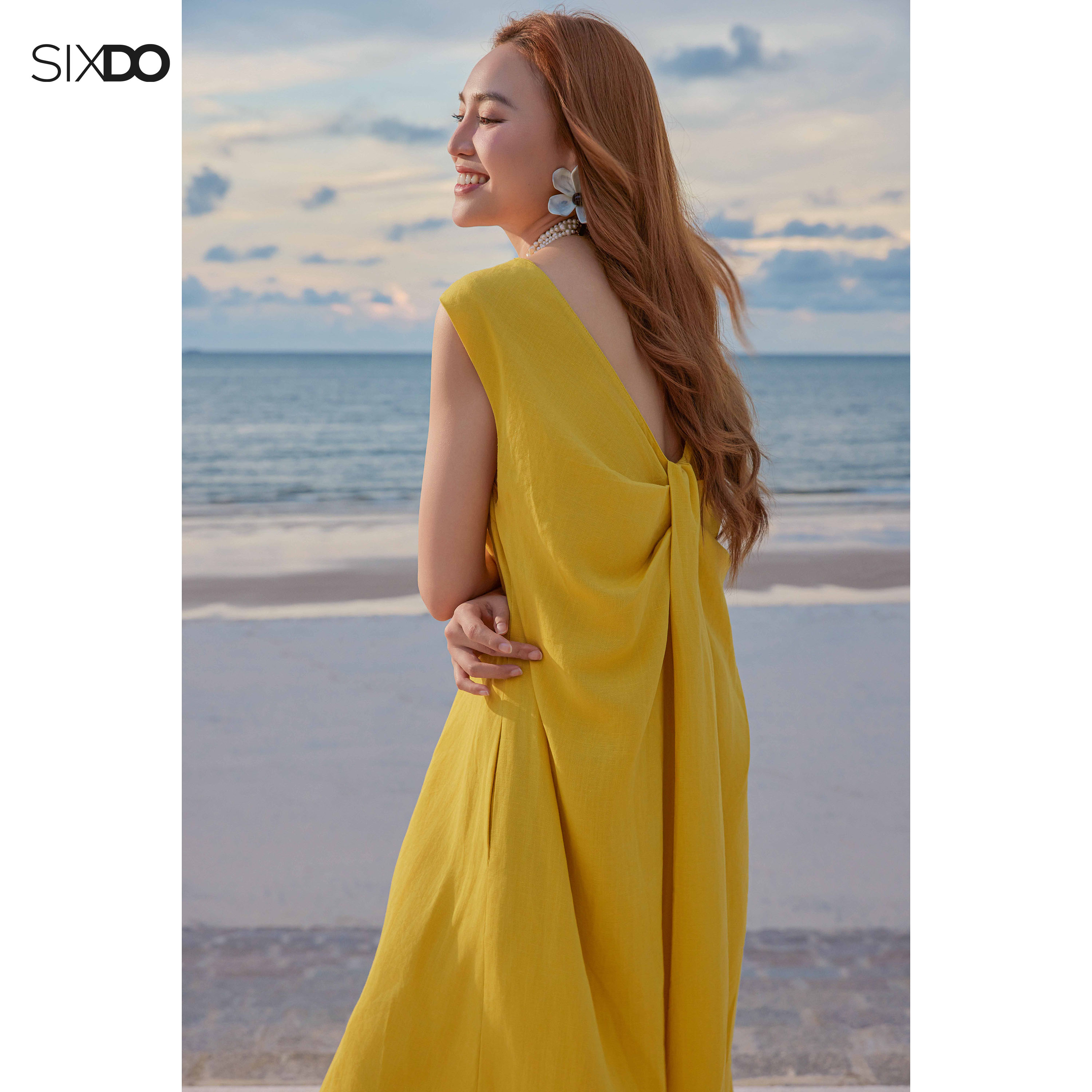 Đầm suông sát nách vàng xoắn lưng SIXDO (Yellow Linen Loose Dress ...