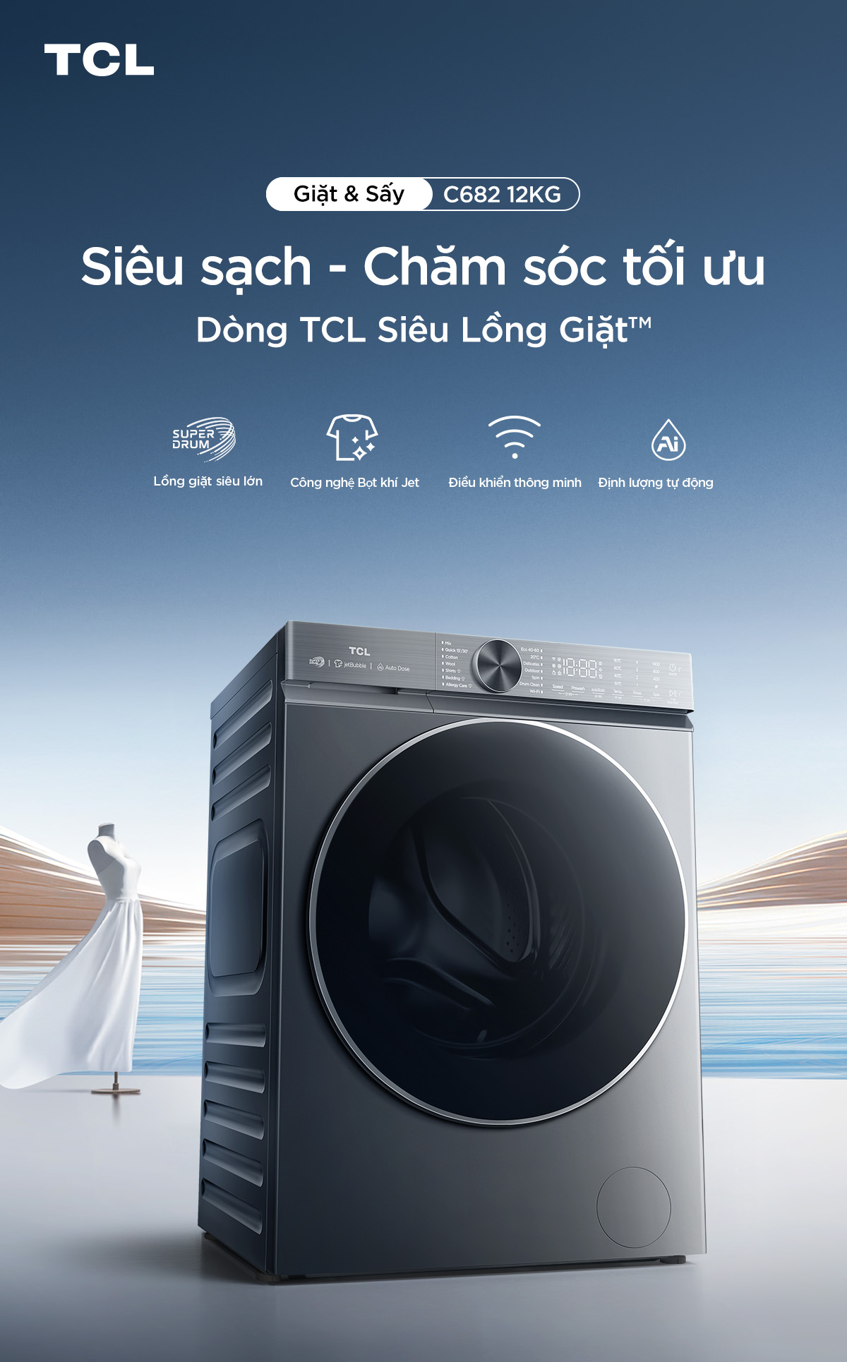 【Max Drum】Giặt 12kg + Sấy 8kg, TCL MaxAura, DD Inverter cao cấp, Lắp đặt 0Đ TO HCM HN, TWD120 ...