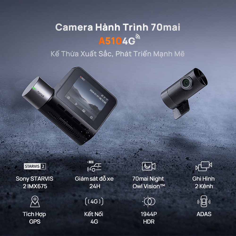Camera hành trình 70mai A510 4G, 3K HDR Ghi hình đồng thời 2 mắt trước ...