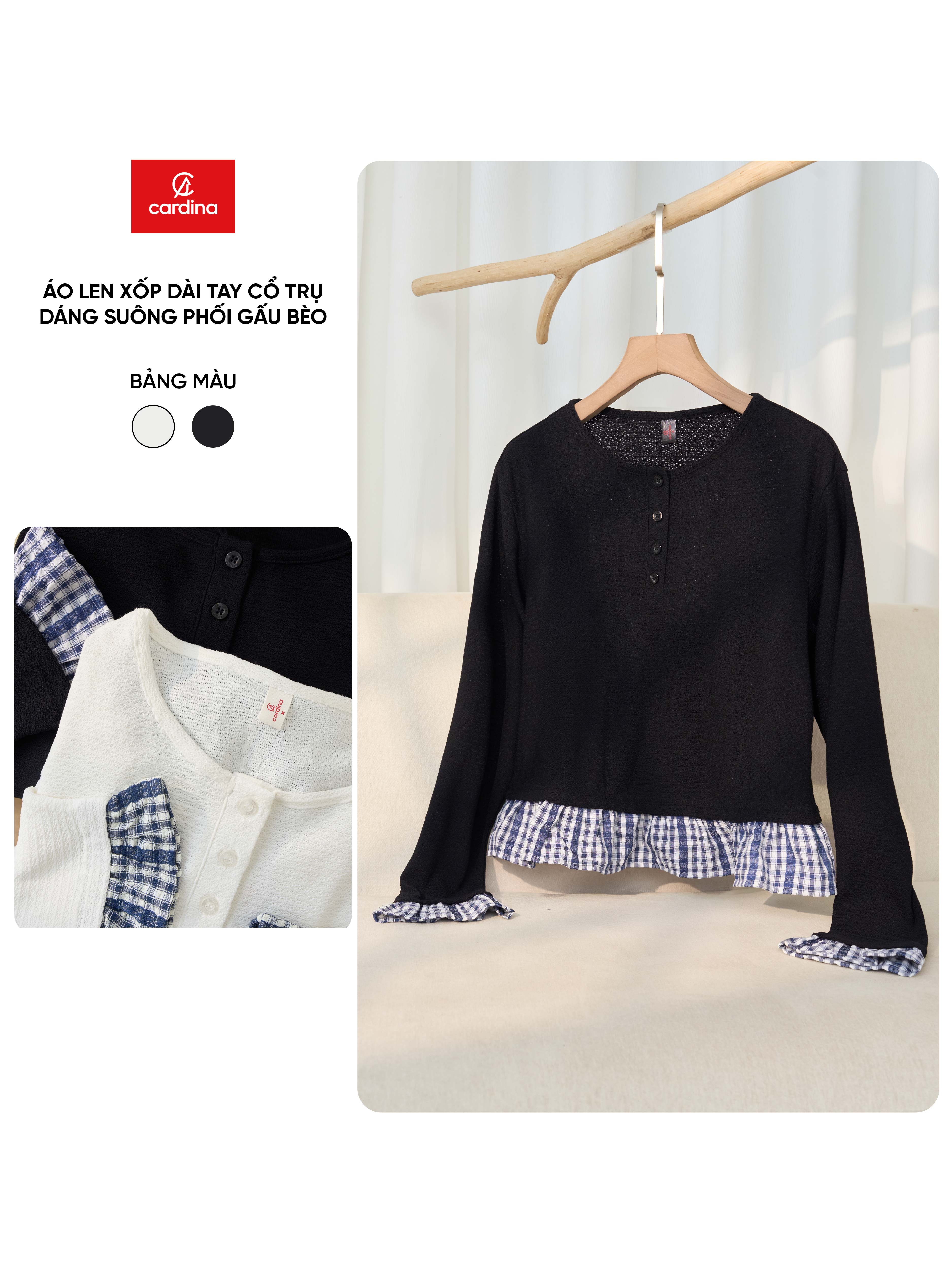 Áo len nữ CARDINA chất liệu len xốp dài tay cổ trụ dáng suông phối bèo ...