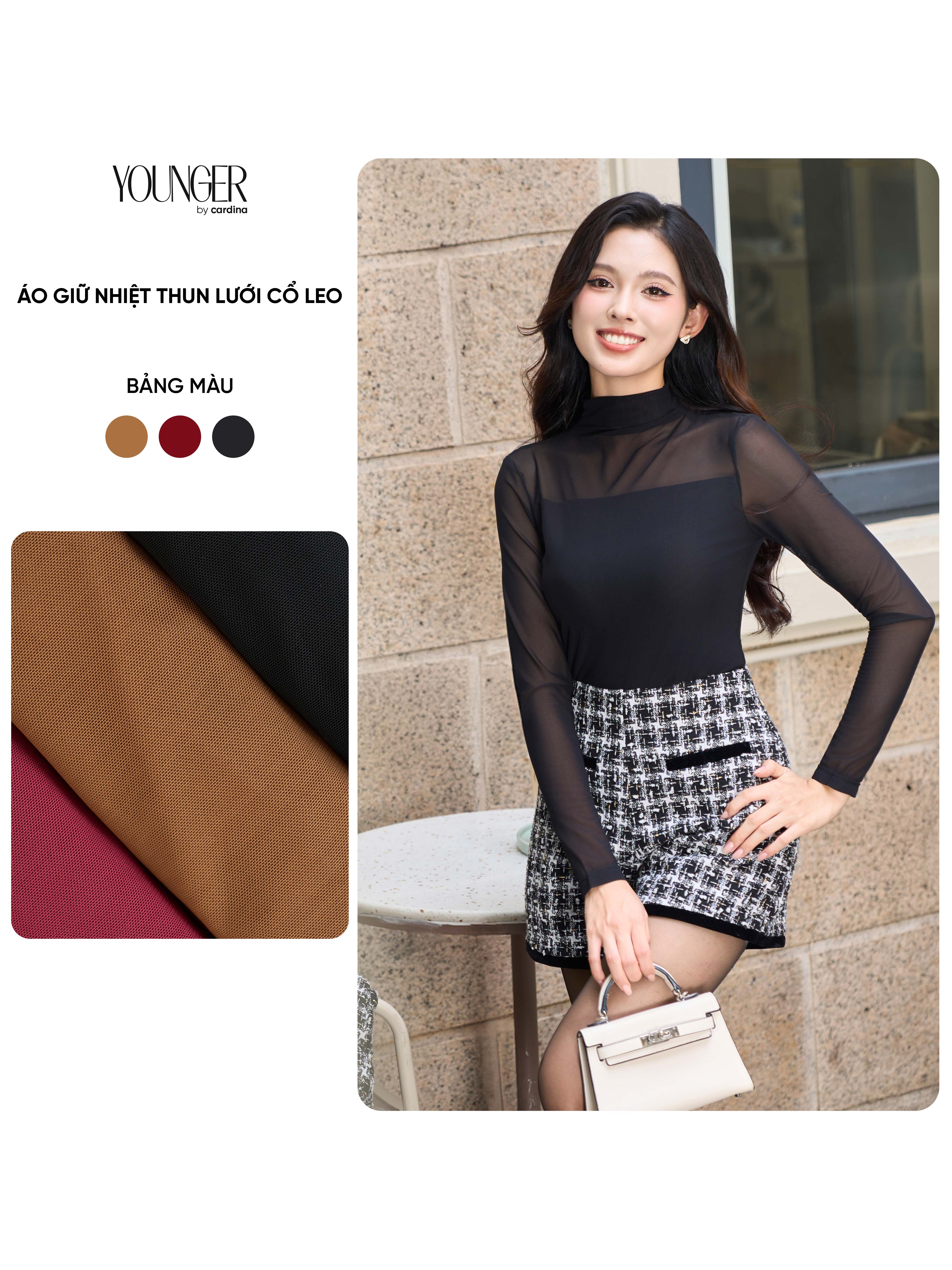 [Xả kho]Áo giữ nhiệt nữ YOUNGER BY CARDINA chất liệu thun lưới cổ leo ...