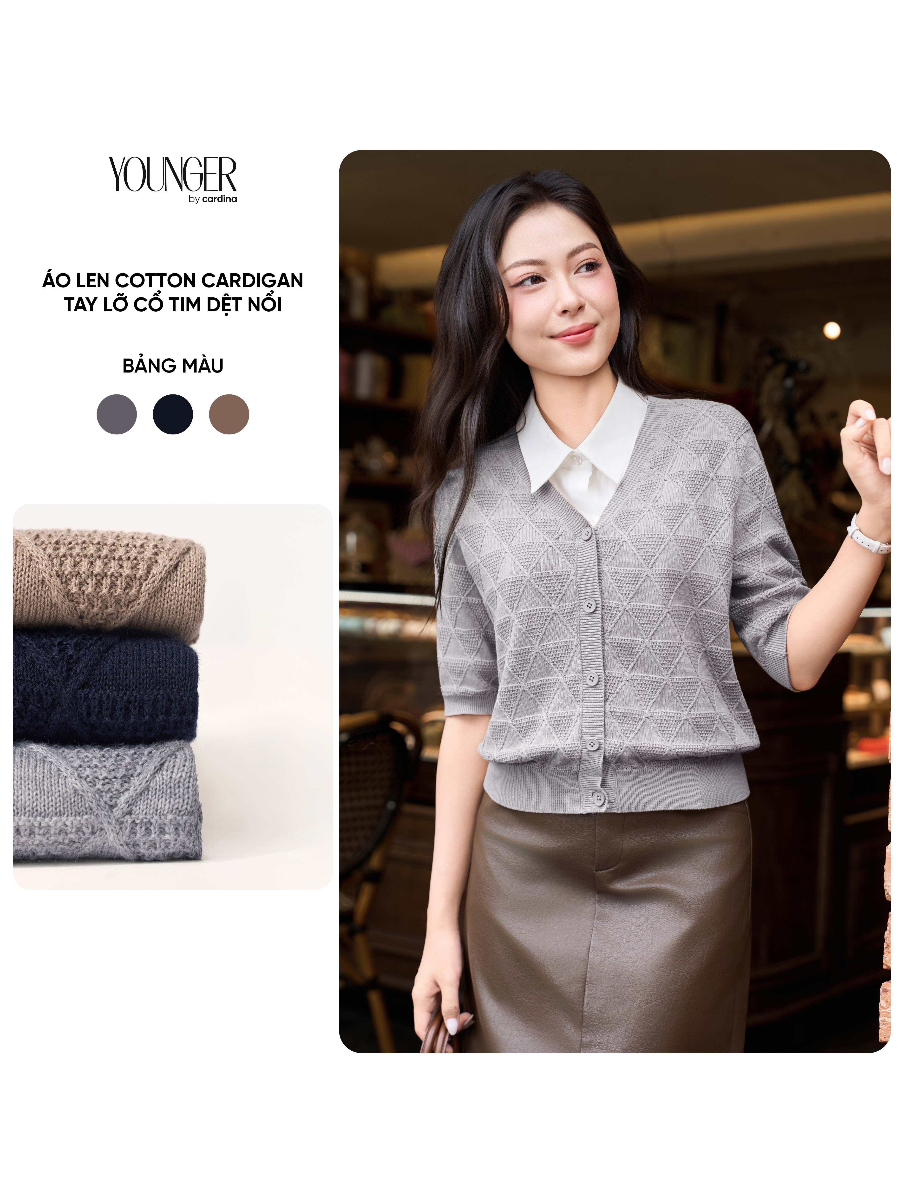 Áo len nữ YOUNGER BY CARDINA chất liệu len cotton tay lỡ cổ tim dệt nổi ...