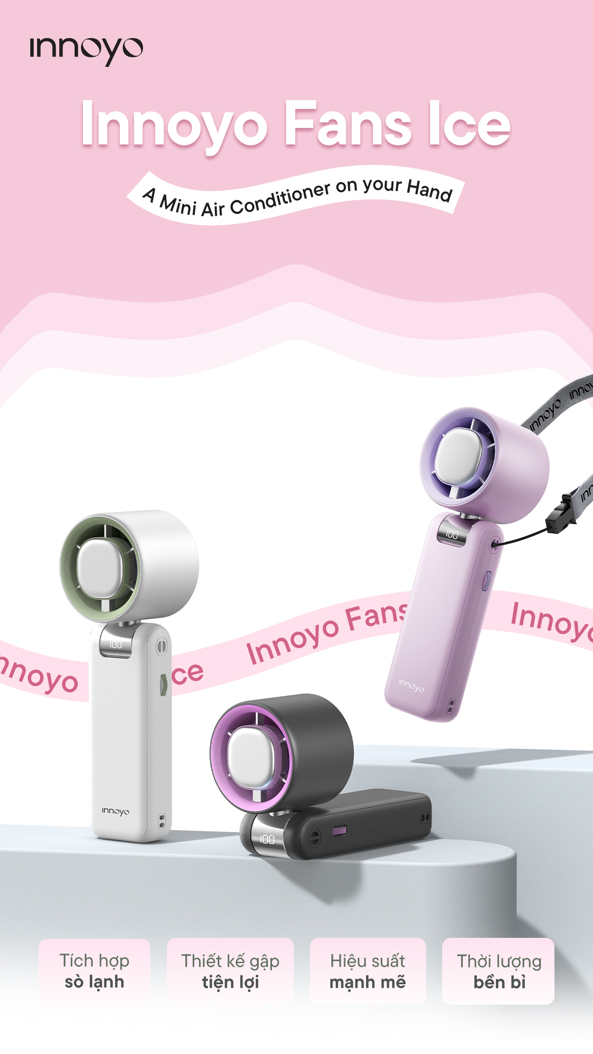 Quạt cầm tay Innoyo Fans Ice - 100 cấp độ gió, gập linh hoạt 180 độ ...