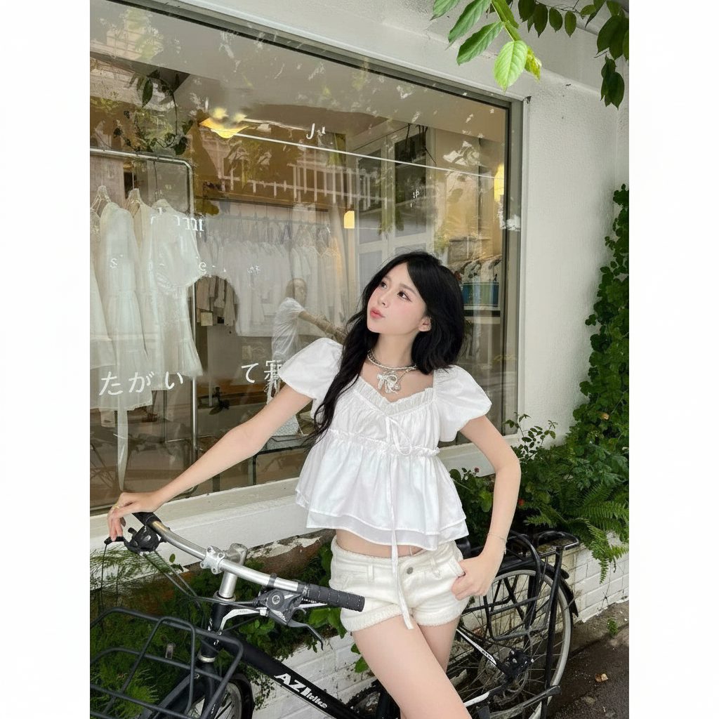 Áo trắng babydoll nữ cổ vuông voan mỏng nhẹ tay bồng form rộng xinh xắn ...