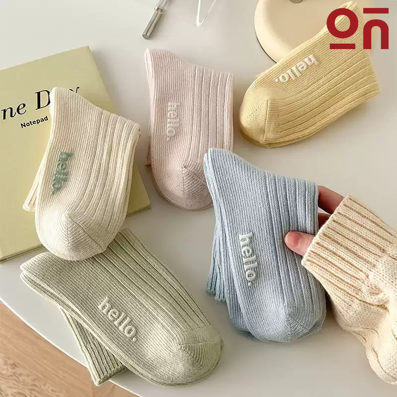 Vớ cotton OnZ - Tất chân nam nữ cổ trung basic thêu HELLO tone màu pastel 100% cotton mềm mại ...