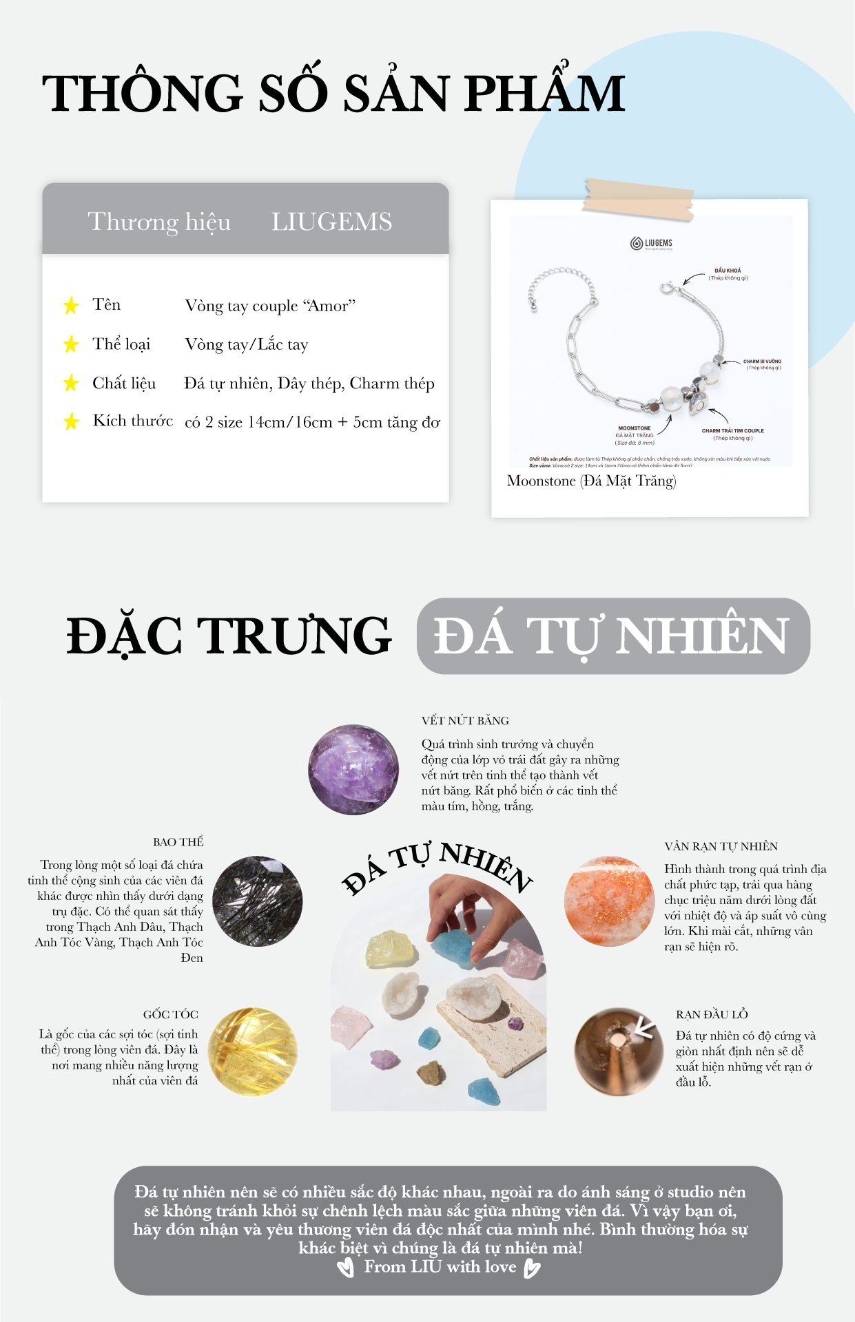 Vòng Tay Đôi Thép Không Gỉ Liugems Mix Đá Tự Nhiên Amor Charm Trái Tim ...