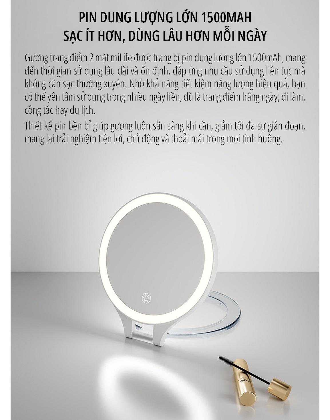 Gương trang điểm Led mini miLife NV508, 3 màu đèn, zoom 15x, pin ...